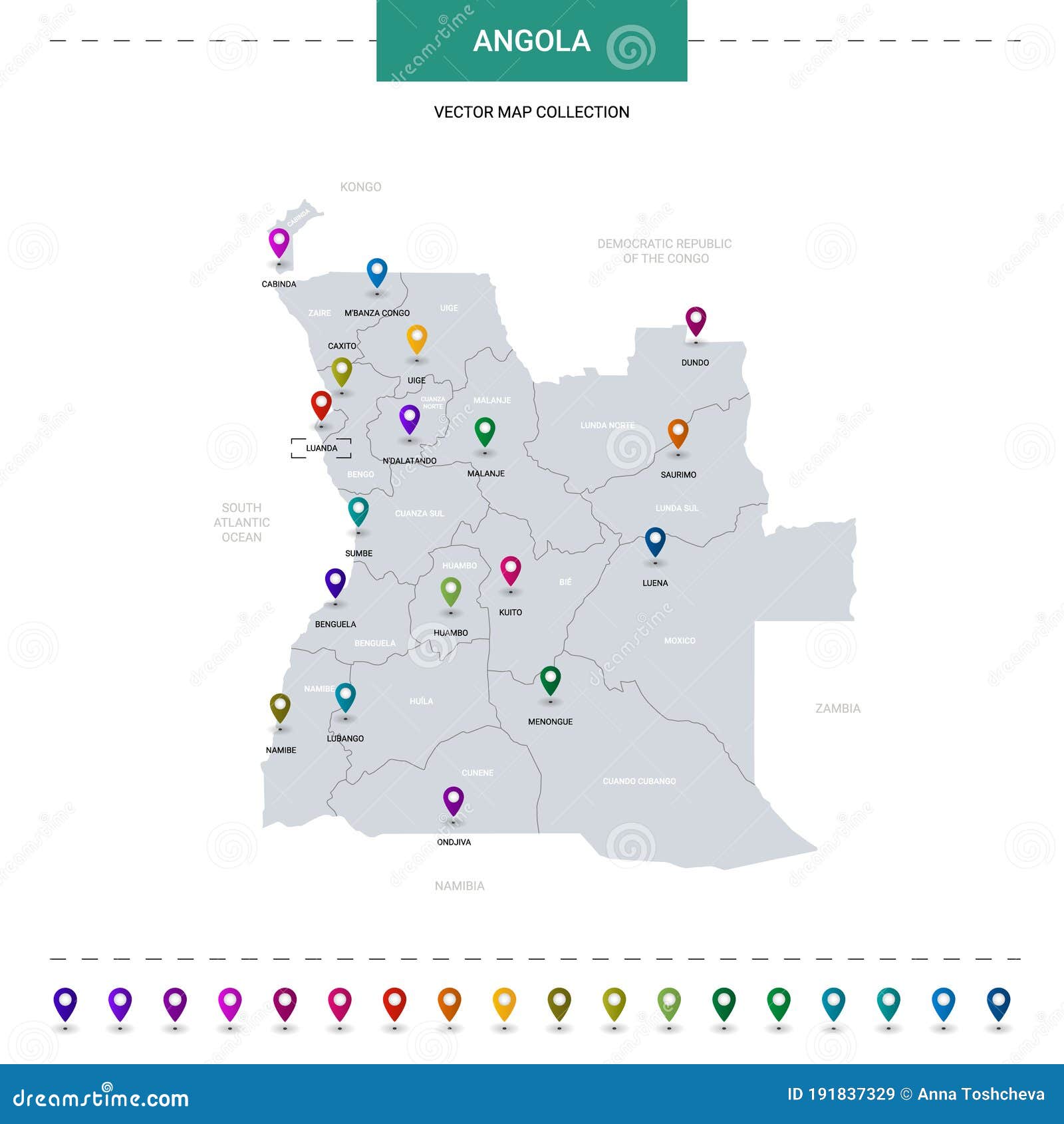 Angola map with cities. stock vector. Illustration of colors - 191837329