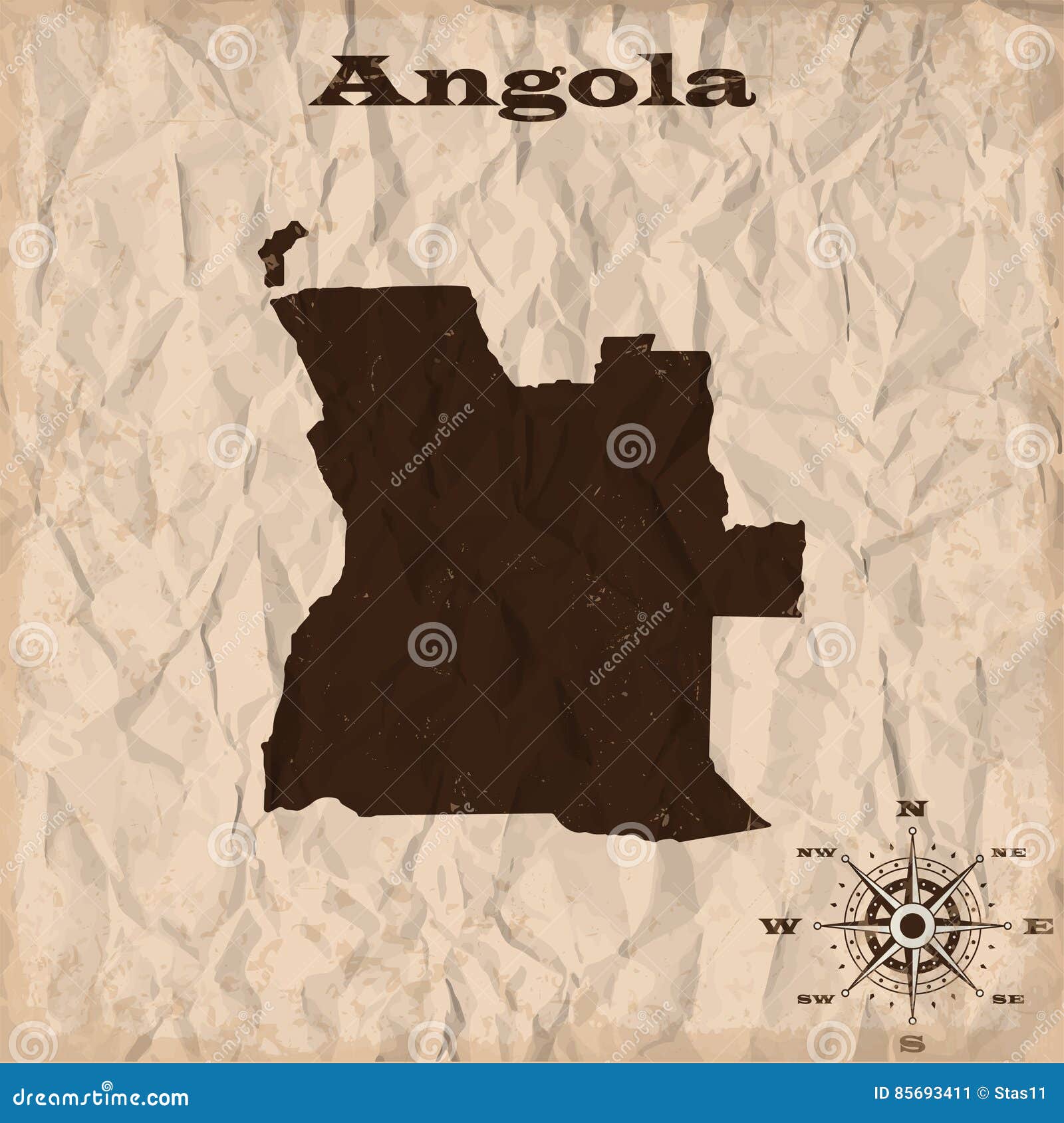 Angola Old Map with Grunge and Crumpled Paper. Vector Illustration ...