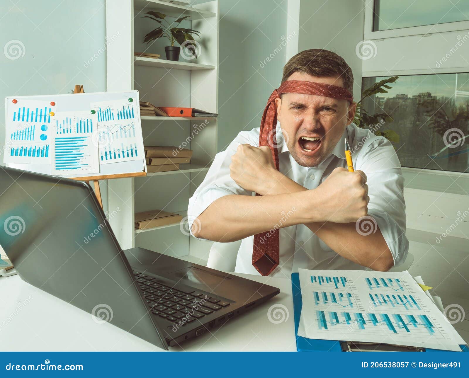 Angry Aggressive Employee at the Table in Office. Stock Image - Image ...