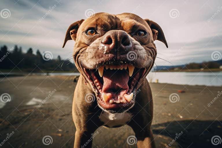 An Angry Aggressive Pit Bull Terrier Type Dog Snarling at the Camera ...