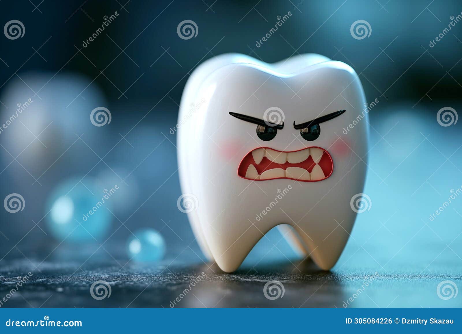 An Angry Animated Tooth Stands on a Table in Blue Light Stock ...