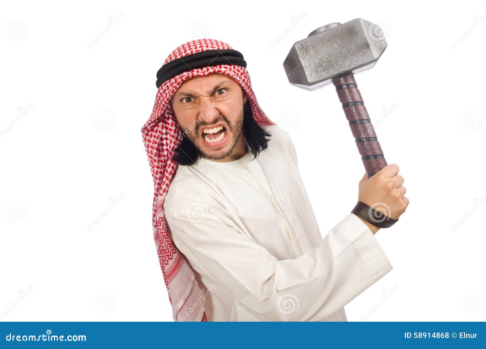 Angry Arab Man with Hammer Isolated on White Stock Photo - Image of ...