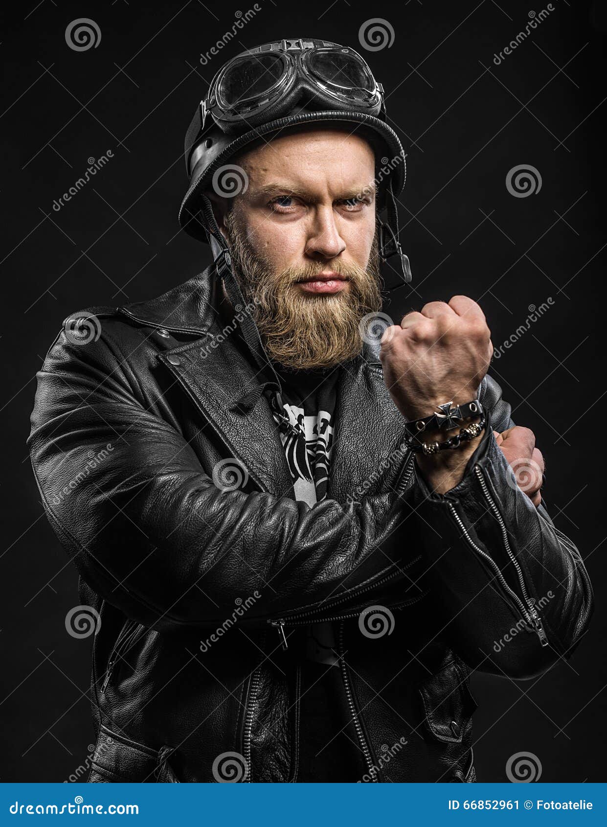 Angry Bearded Biker Man in Leather Jacket and Helmet Over Black Stock ...