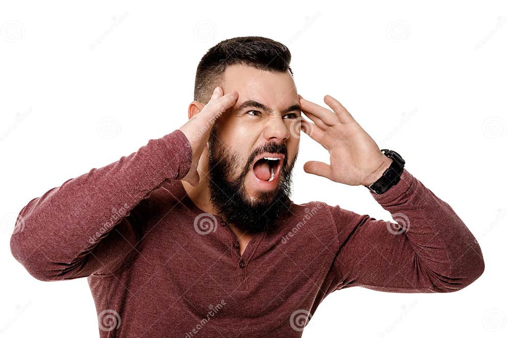 Bearded Man Screaming on White Background. Stock Photo - Image of dark ...