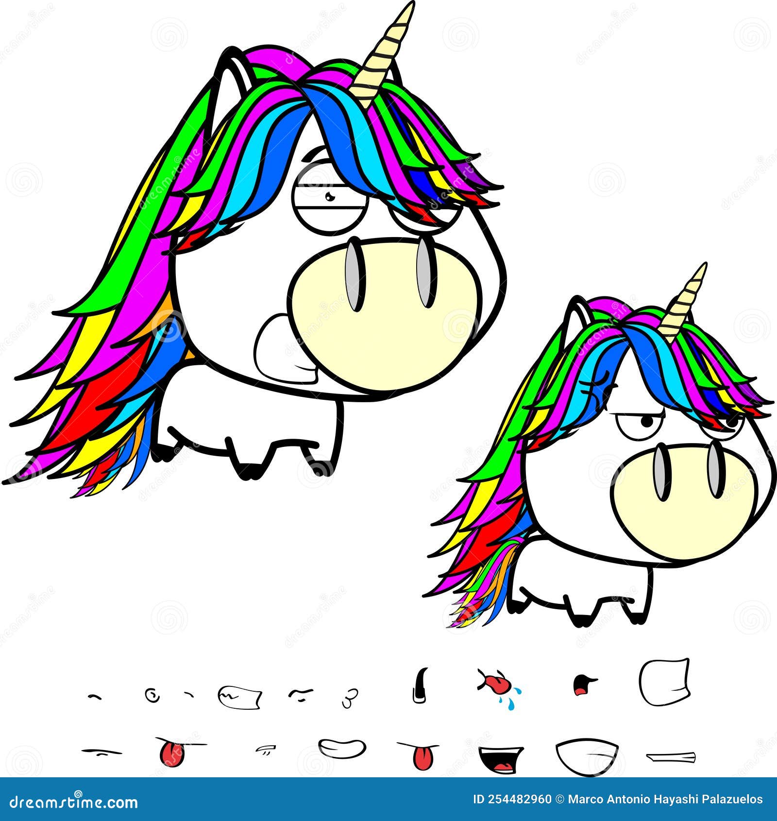 Angry Big Head Unicorn Cartoon Expressions Set Stock Vector ...