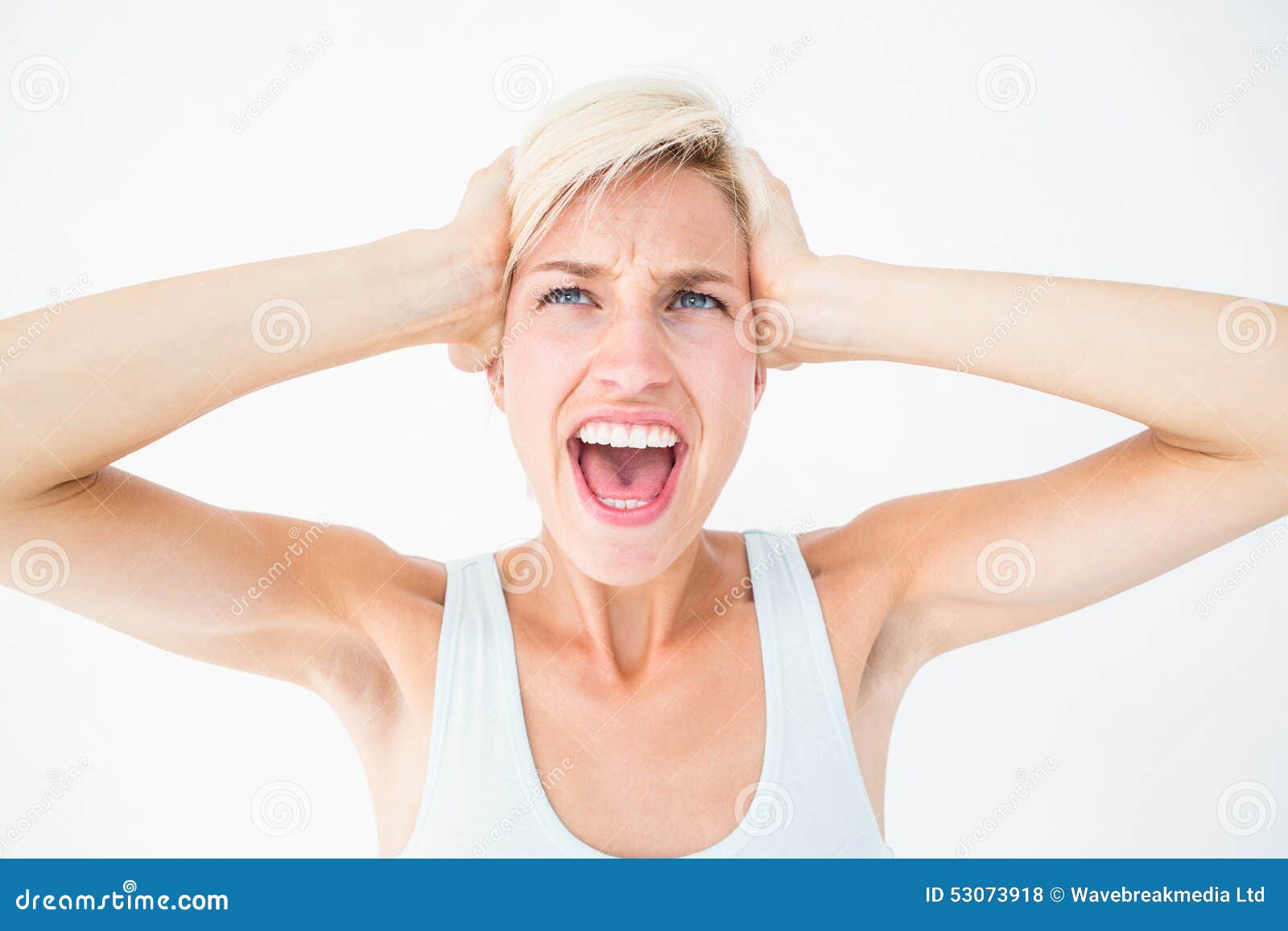 Angry Blonde Woman Screaming And Holding Her Head Stock Photography ...