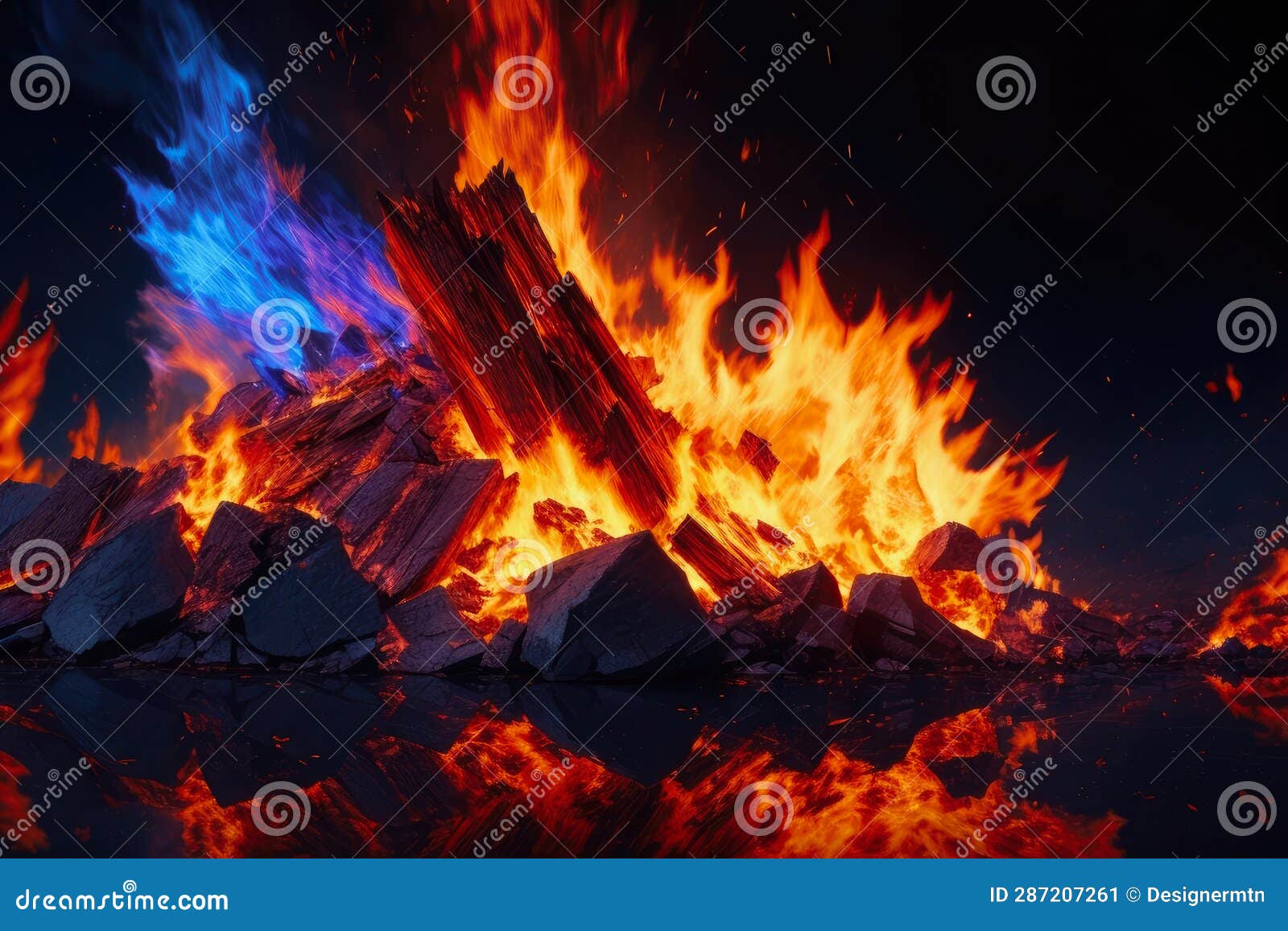 Angry Bonfire Burning with Blue and Yellow Flames Stock Illustration ...