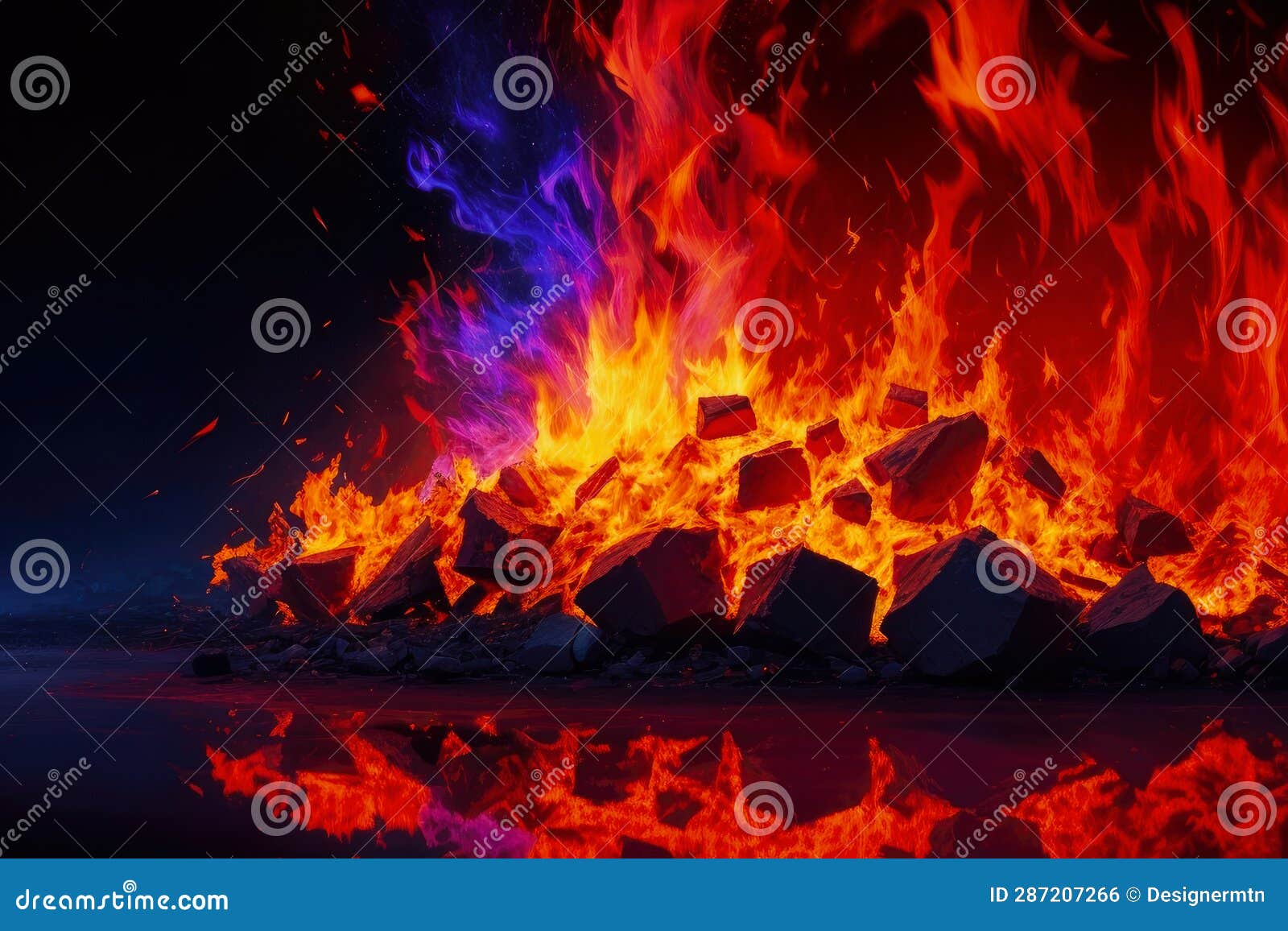 Angry Bonfire Burning with Blue and Yellow Flames Stock Illustration ...