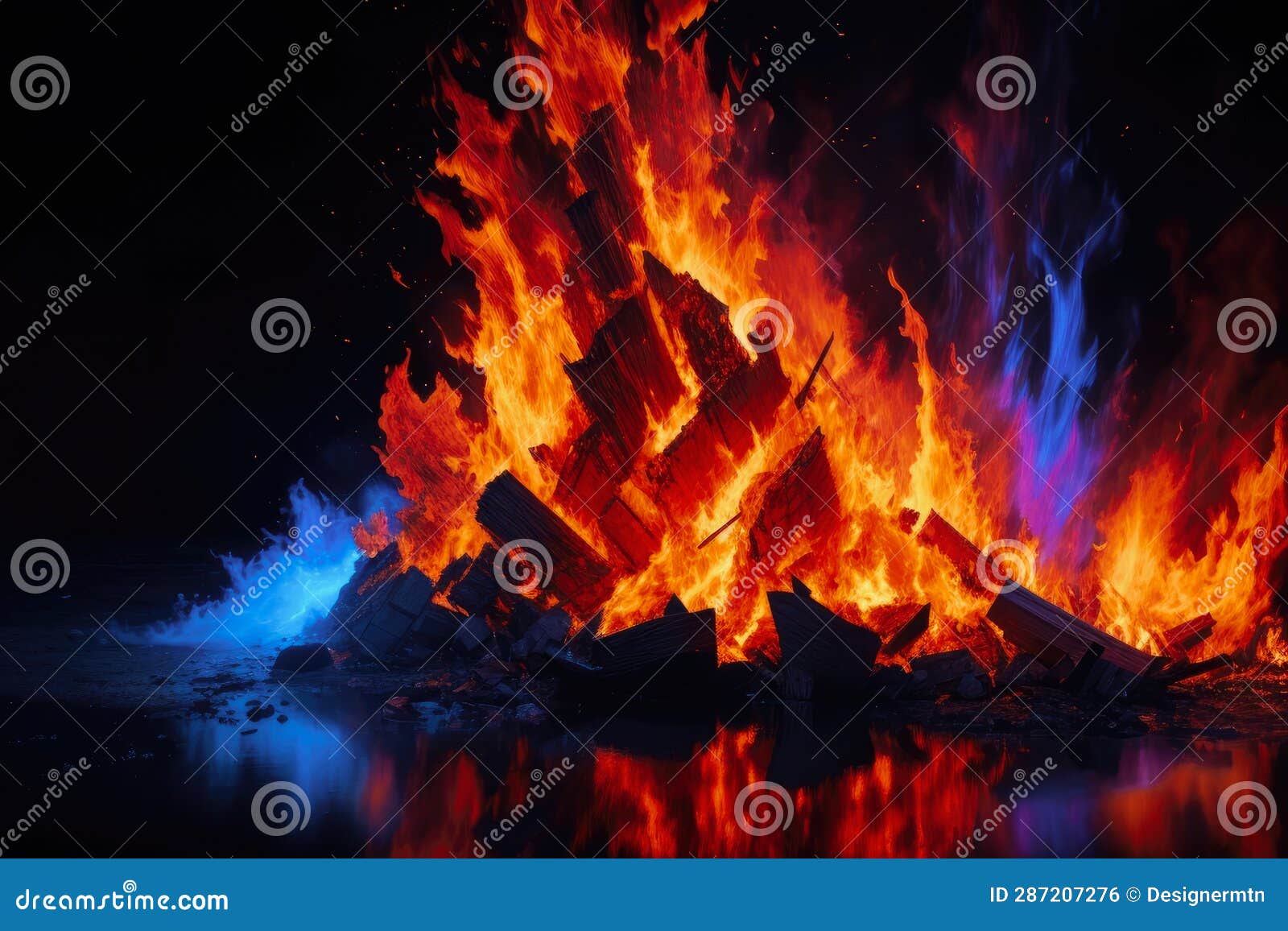 Angry Bonfire Burning with Blue and Yellow Flames Stock Illustration ...