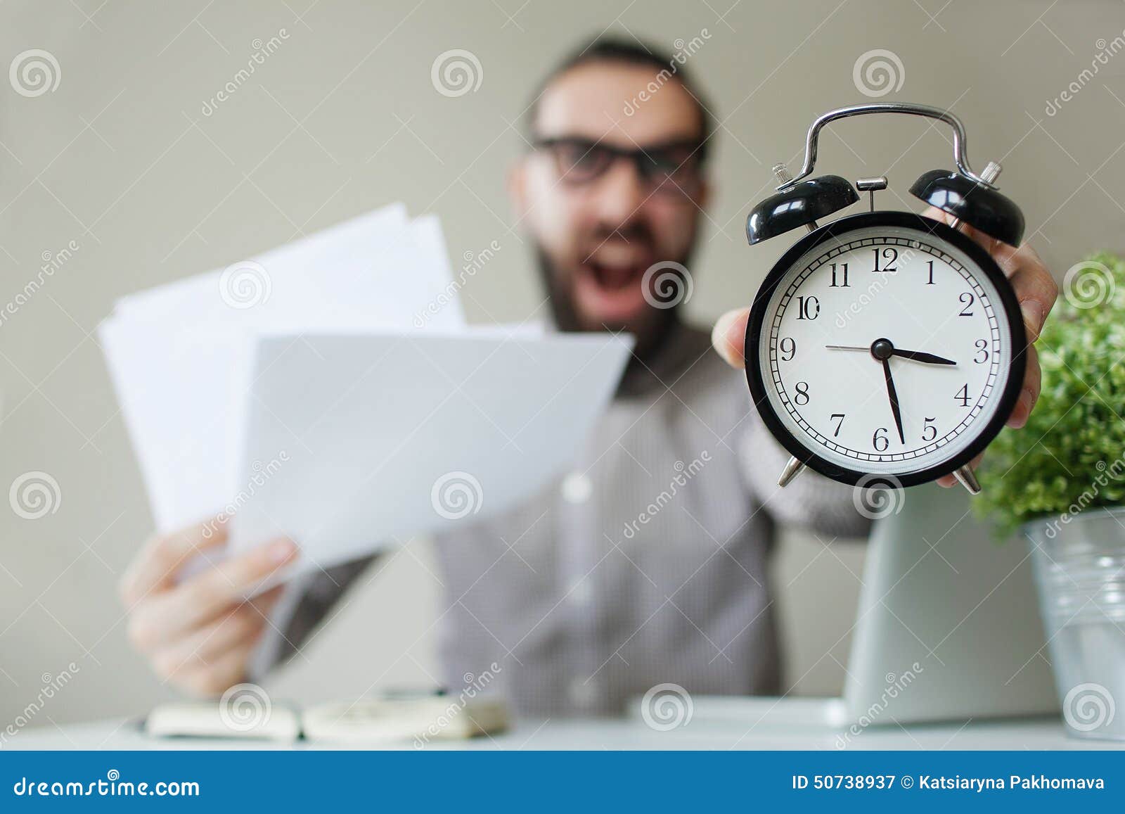 Angry Boss with Beard Holds Alarm Clock and Papers Screaming on Stock ...