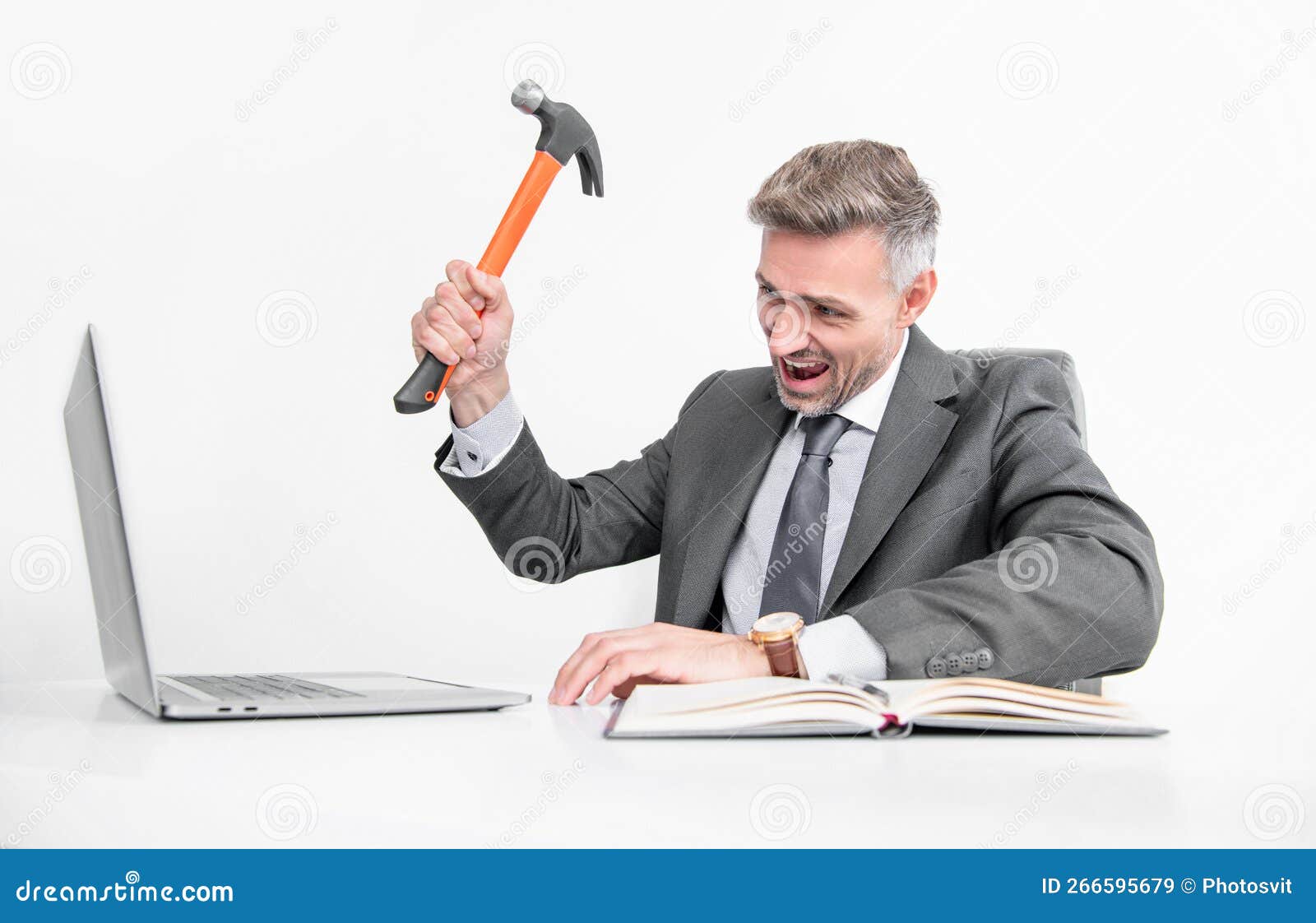 Angry Boss Hitting Laptop with Hammer in Office Stock Image - Image of ...