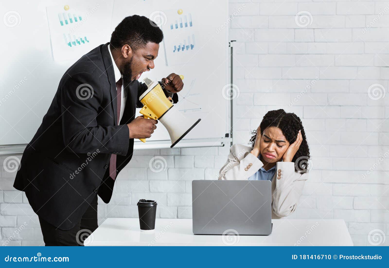 Angry Boss with Megaphone Screaming at Employee in Office Stock Photo ...
