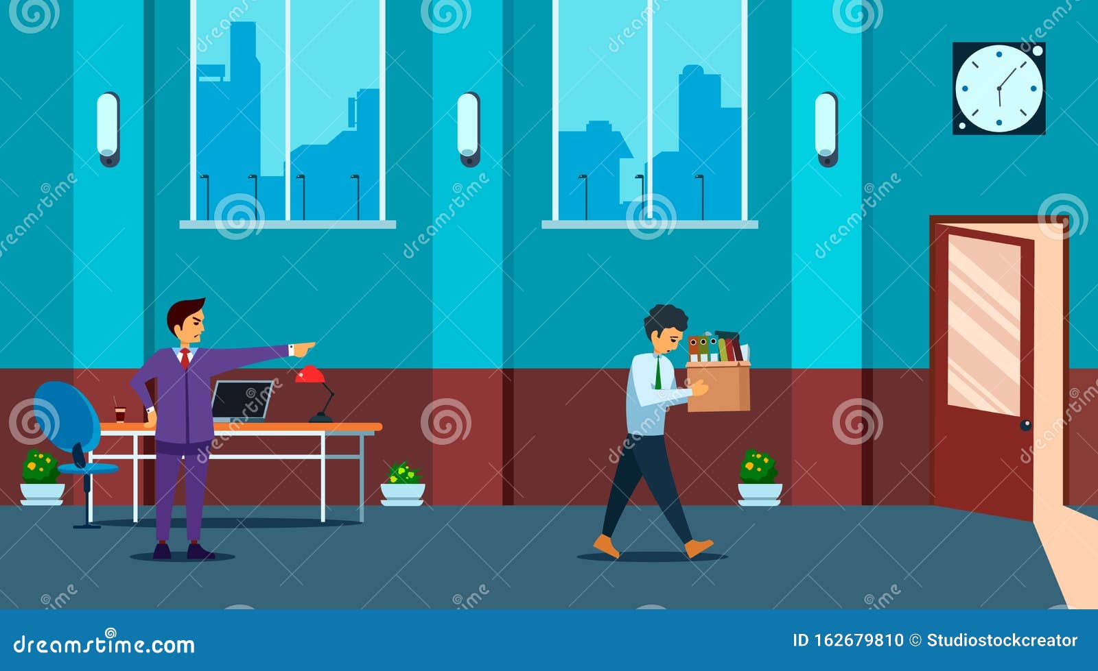 Angry Boss Pointing Finger At Door Fired Employee With Paper Documents ...