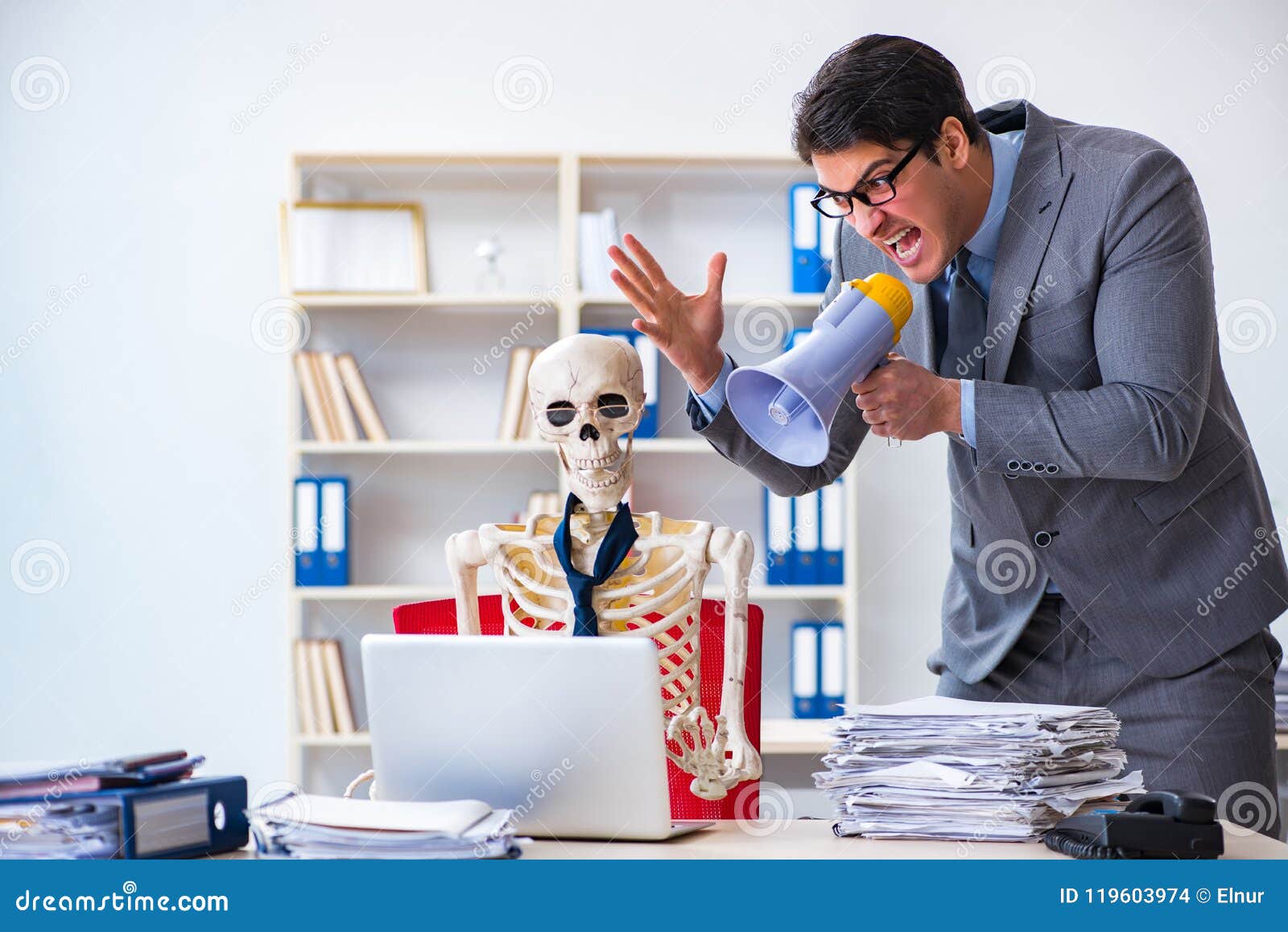 The Angry Boss Yelling at His Skeleton Employee Stock Photo - Image of ...