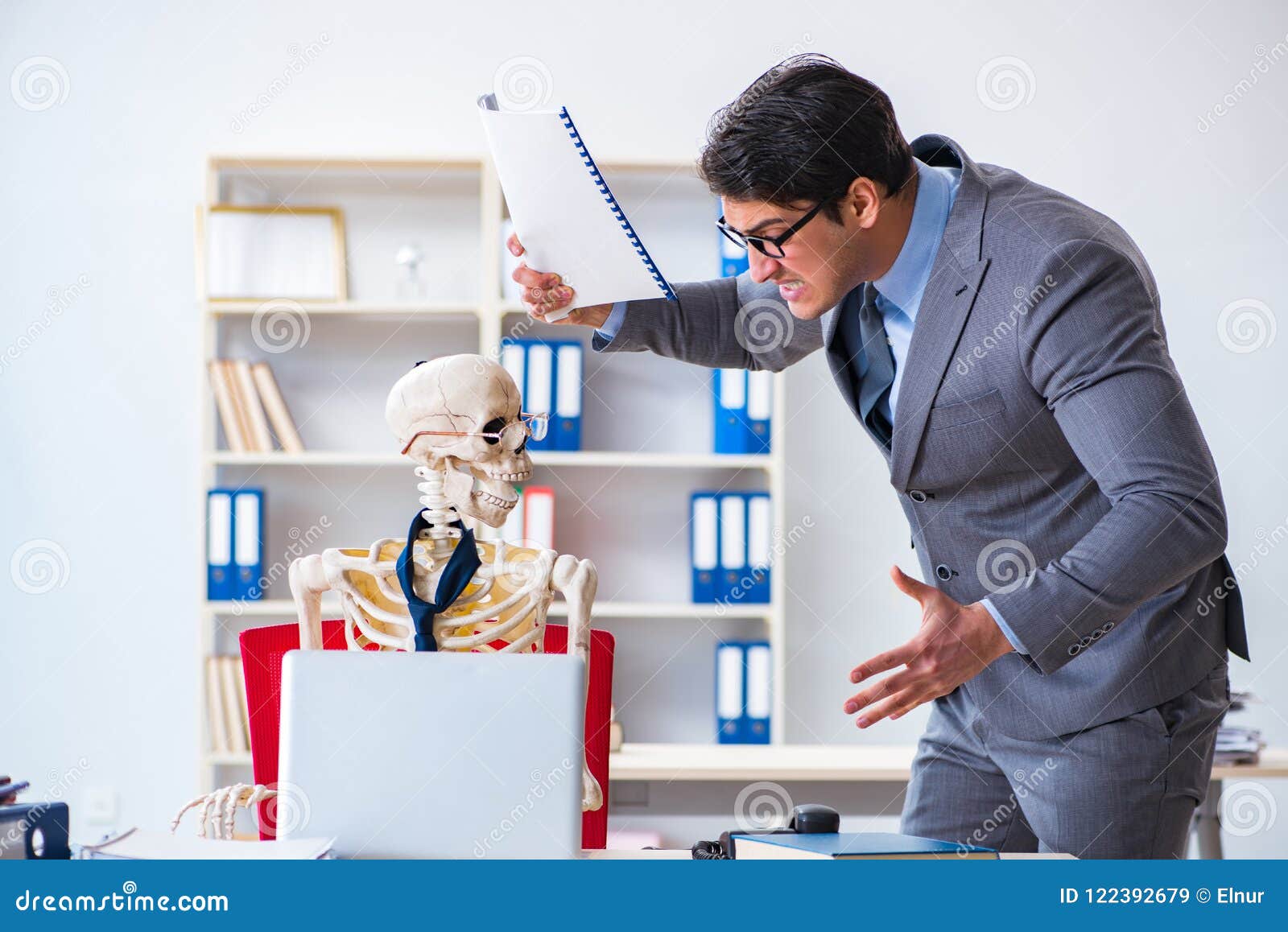 The Angry Boss Yelling at His Skeleton Employee Stock Image - Image of ...