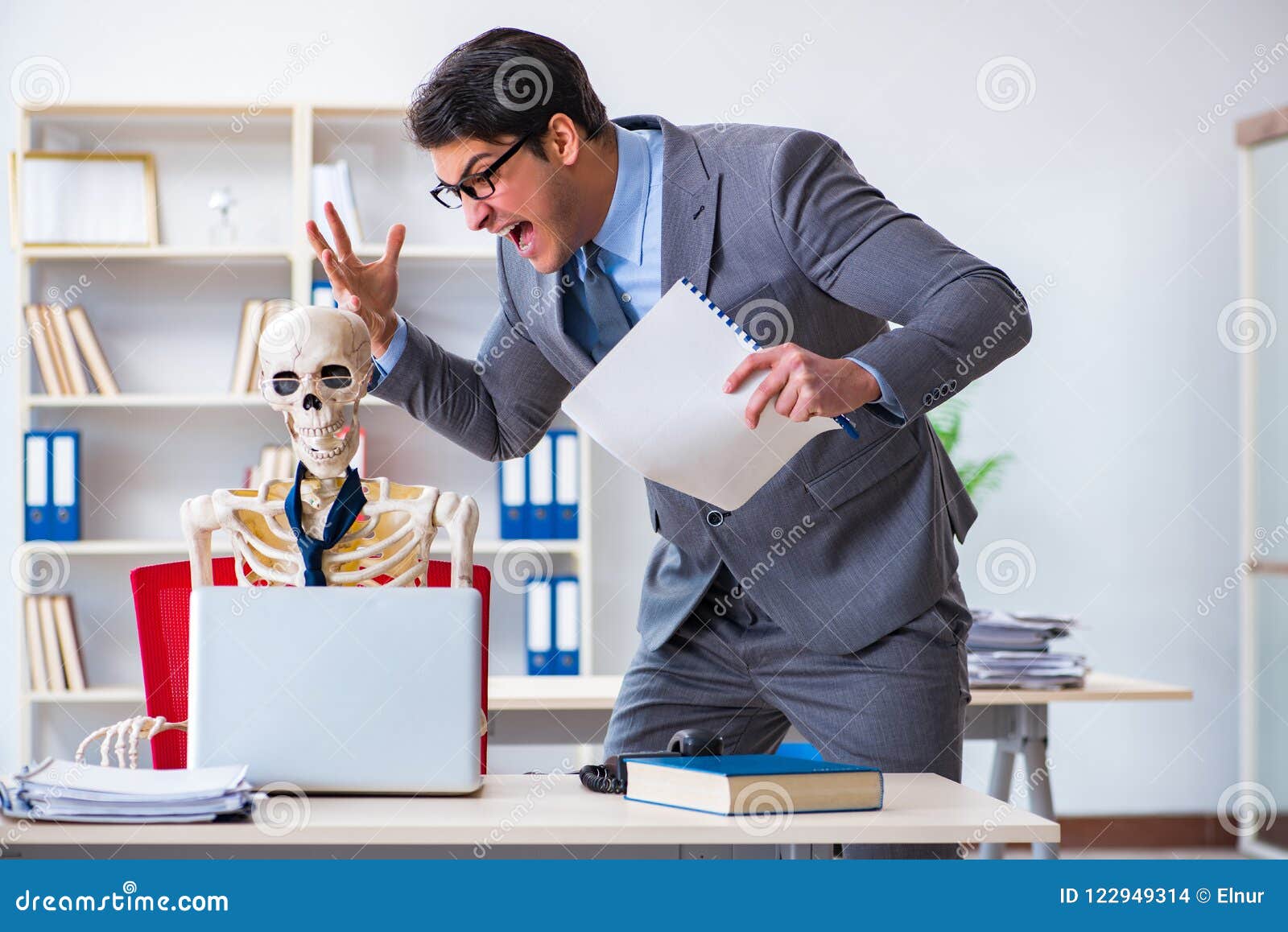 The Angry Boss Yelling at His Skeleton Employee Stock Photo - Image of ...