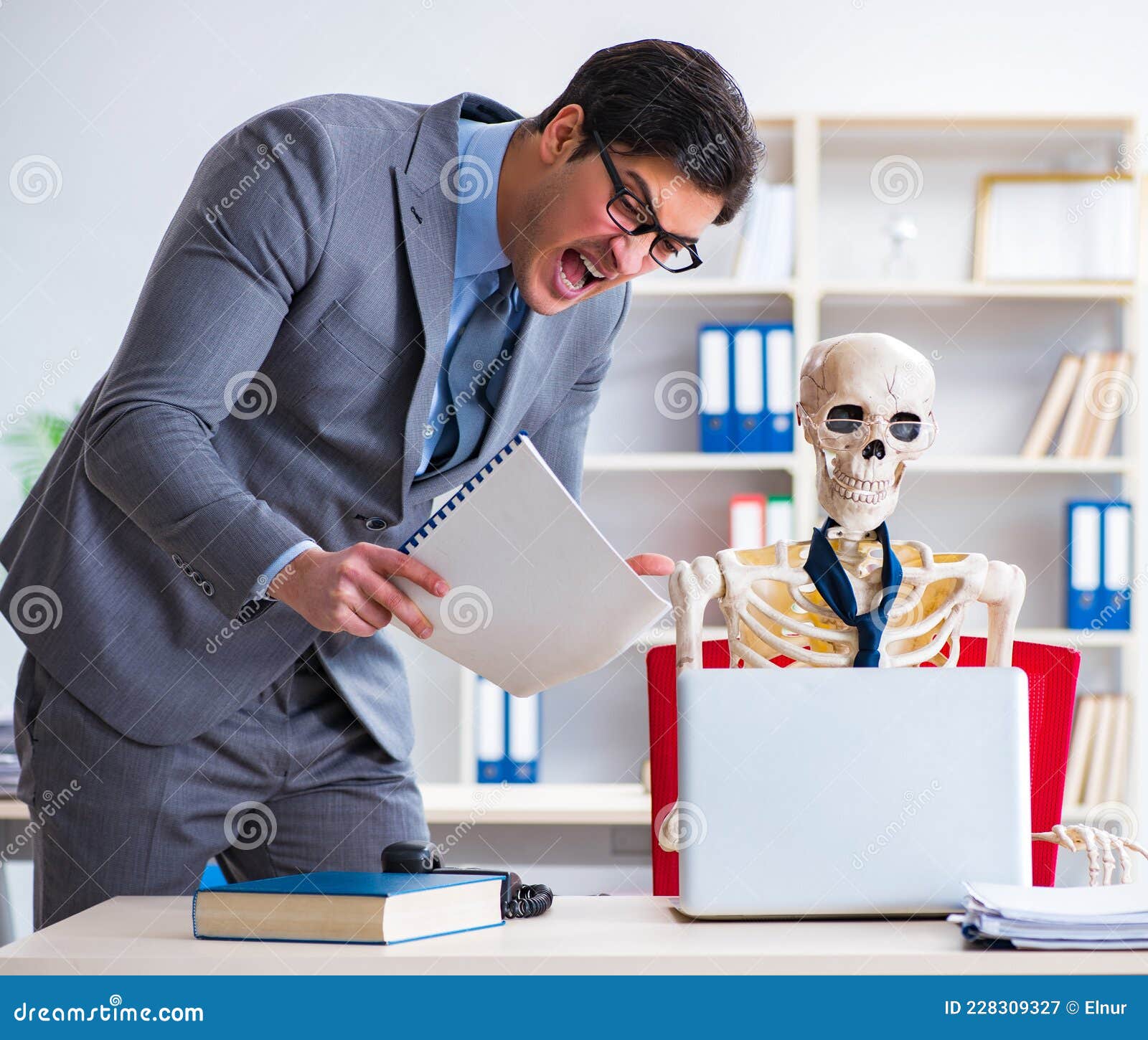 Angry Boss Yelling at His Skeleton Employee Stock Image - Image of ... Angry Boss Yelling at His Skeleton Employee Stock Image - Image of ...