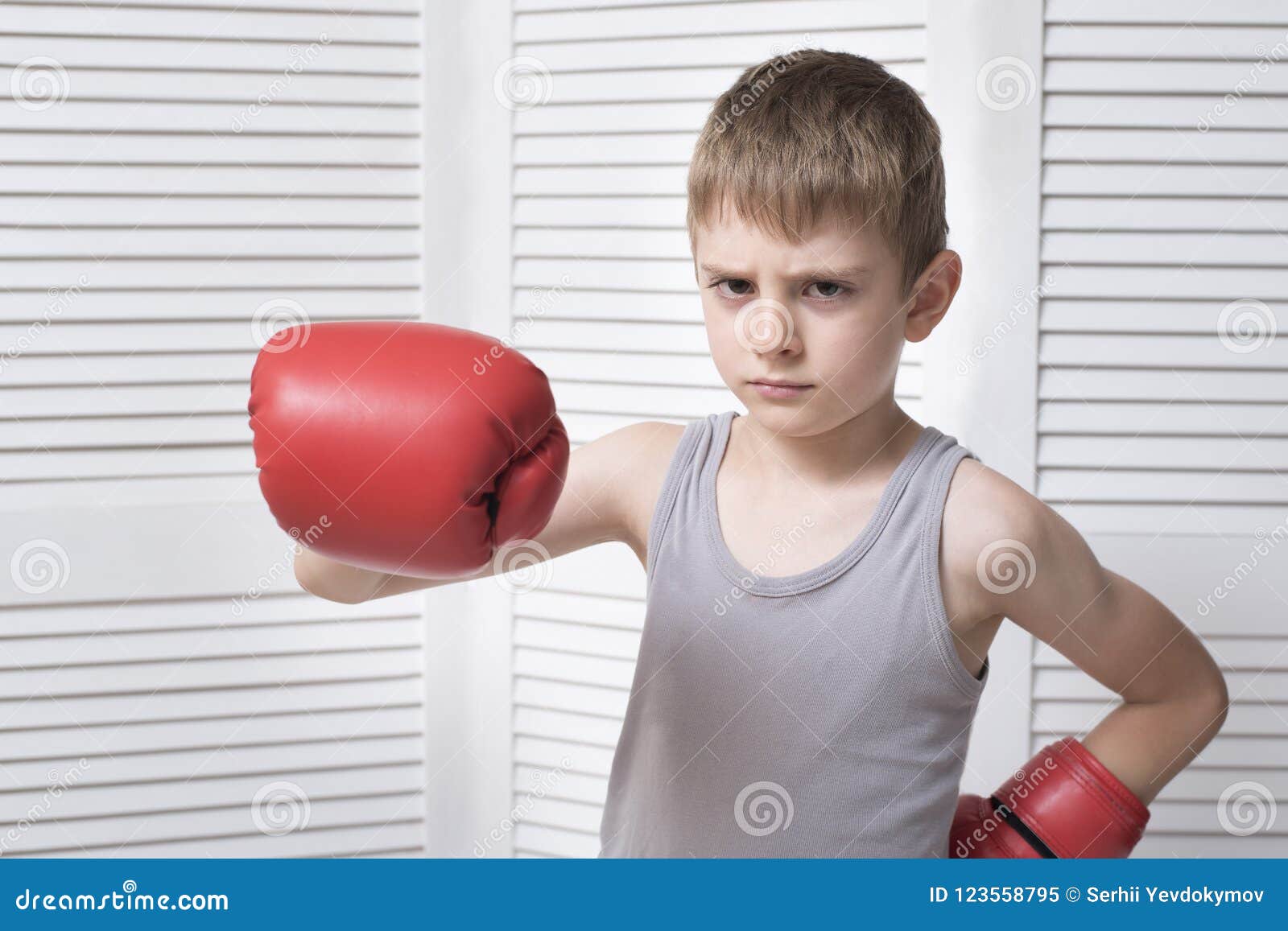 Angry Boy in Red Boxing Gloves. Stock Image - Image of sports, health ...
