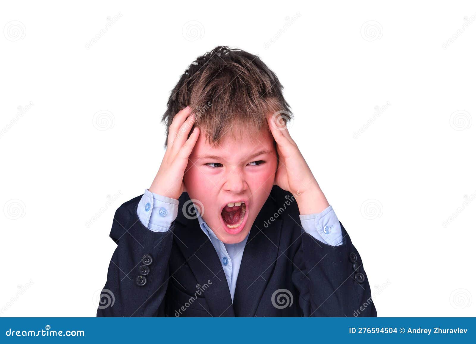 Angry Boy in a School Suit on Distance Learning, Isolated on a White ...