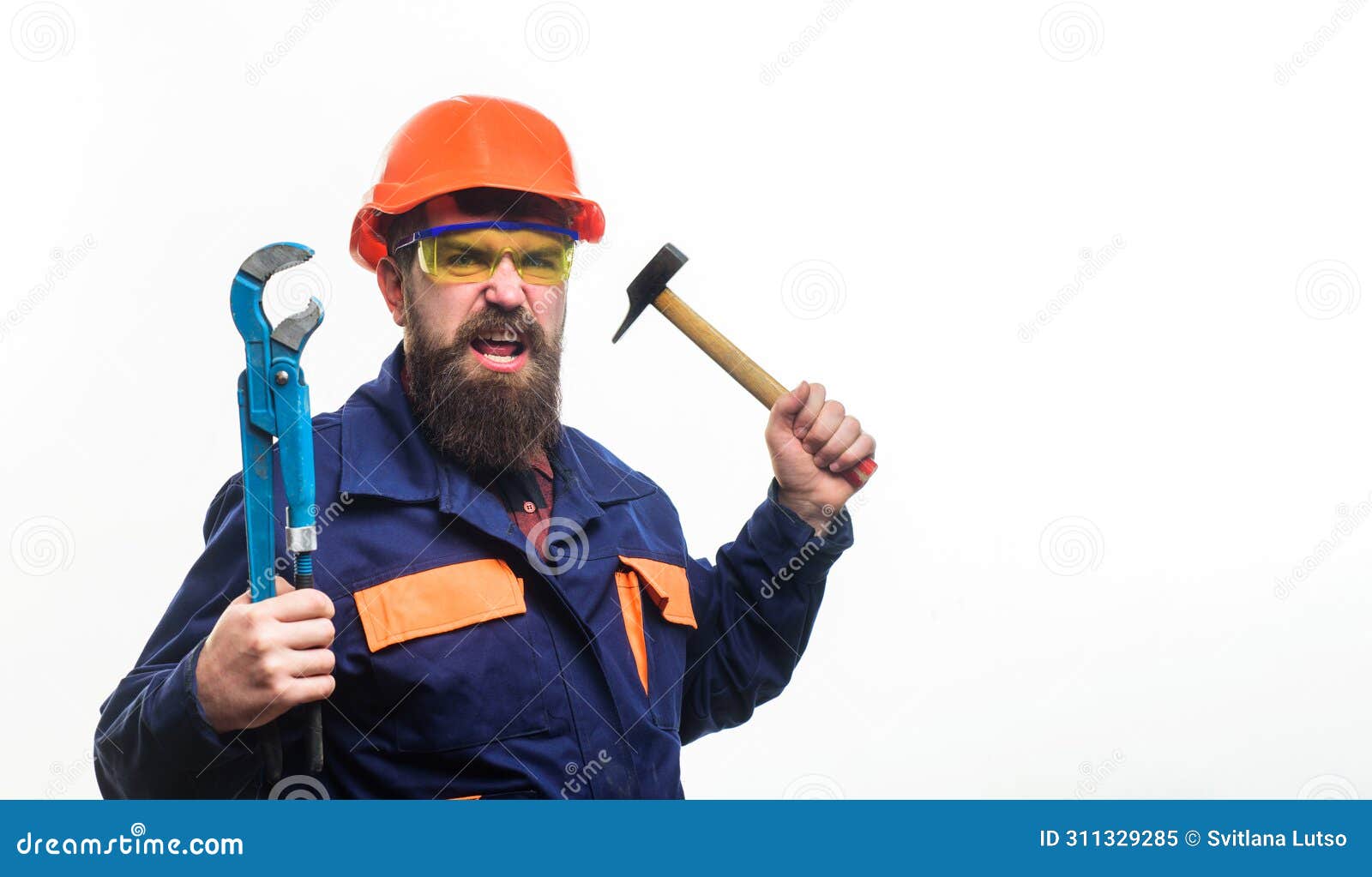 Angry Builder in Hard Hat with Adjustable Pipe Wrench and Hammer ...