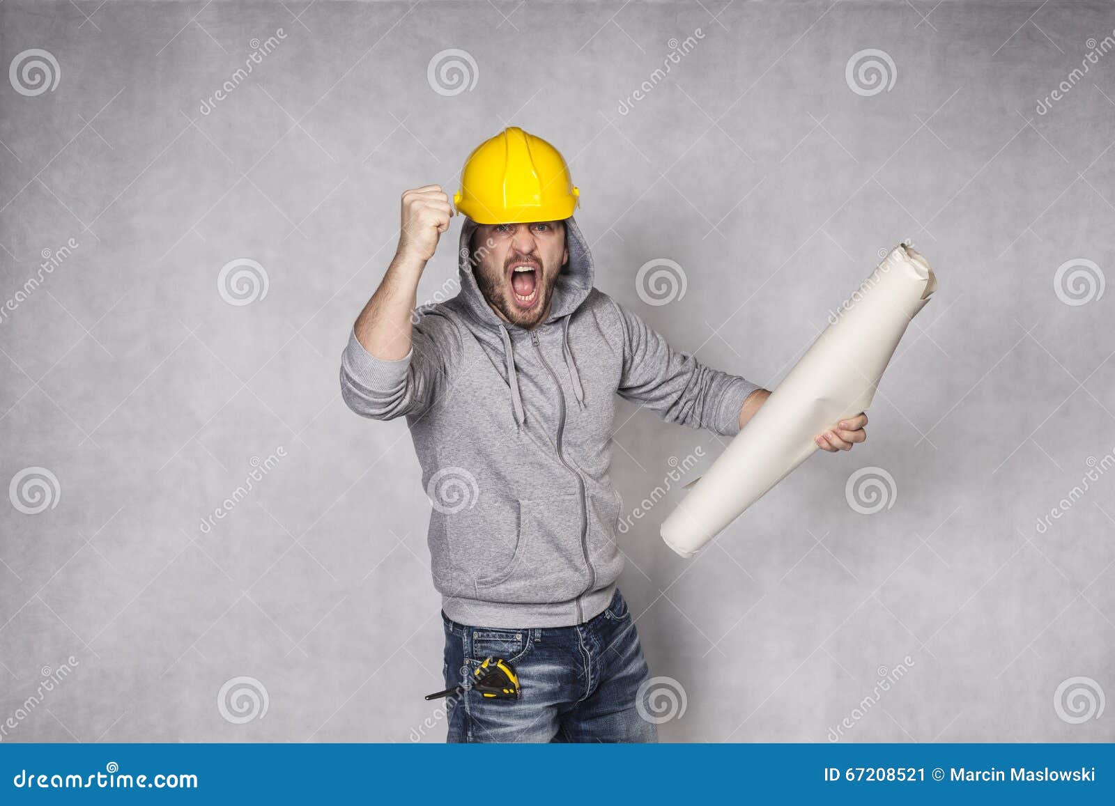 Angry Builder Holding Blueprints in Hand Stock Image - Image of ...