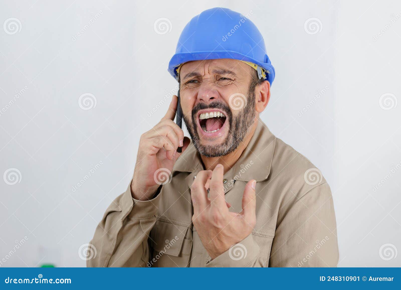 Angry Builder Screams on Phone Stock Image - Image of phone, portrait ...