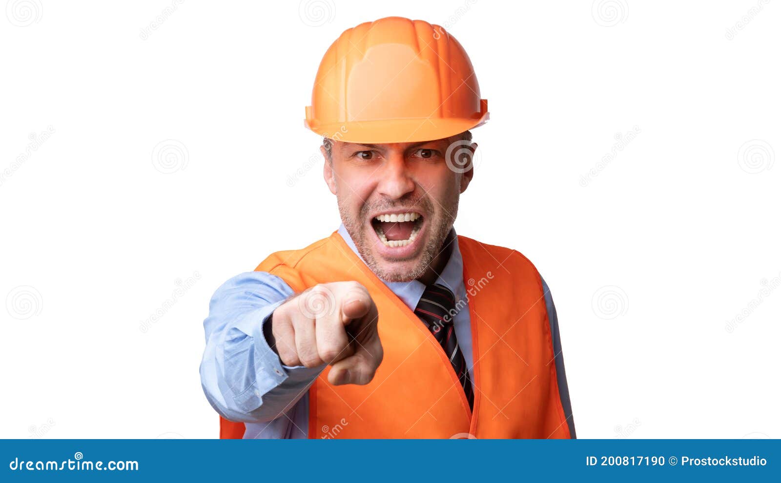 Angry Builder Shouting Pointing Finger at Camera, White Background ... Angry Builder Shouting Pointing Finger at Camera, White Background ...
