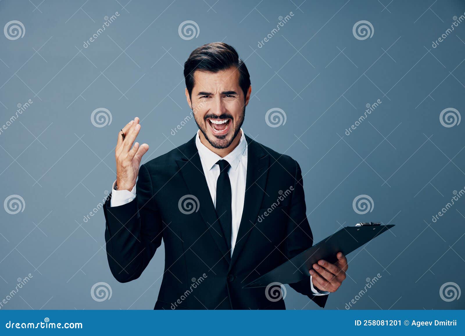 An Angry Business Man with a Headache is Holding a Folder of Notes in ...