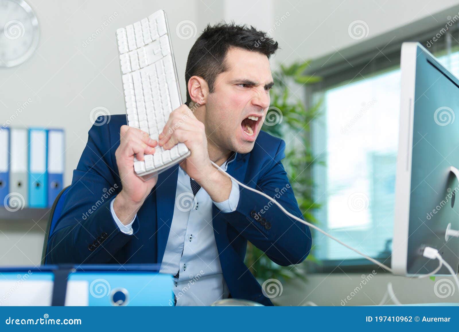 Angry Businessman Breaking Keyboard Against Pc Stock Photo - Image of ...