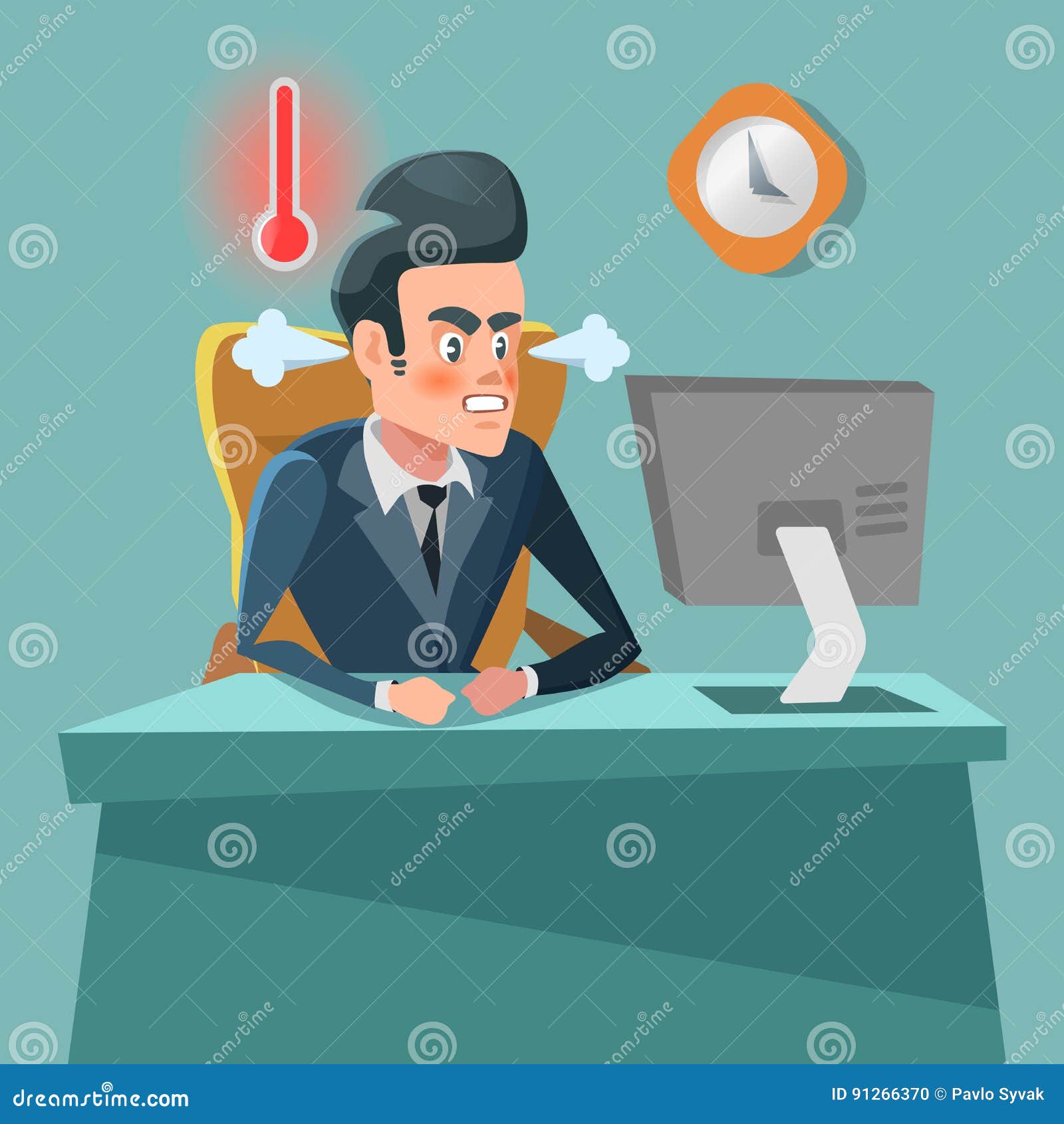 Angry Businessman Cartoon with Computer. Stress at Work Stock Vector ...