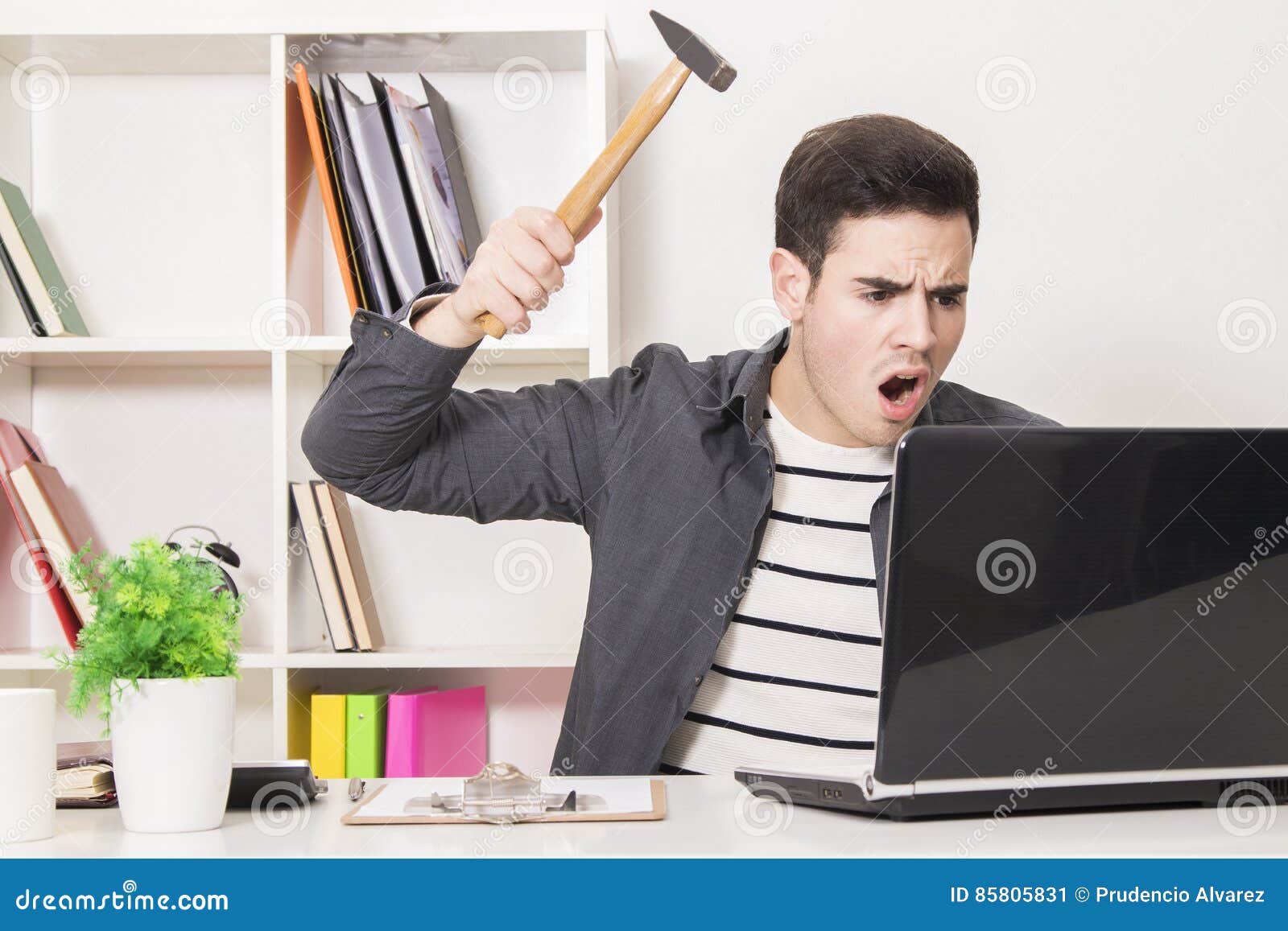 Angry Businessman with Hammer Stock Image - Image of device, technology ...