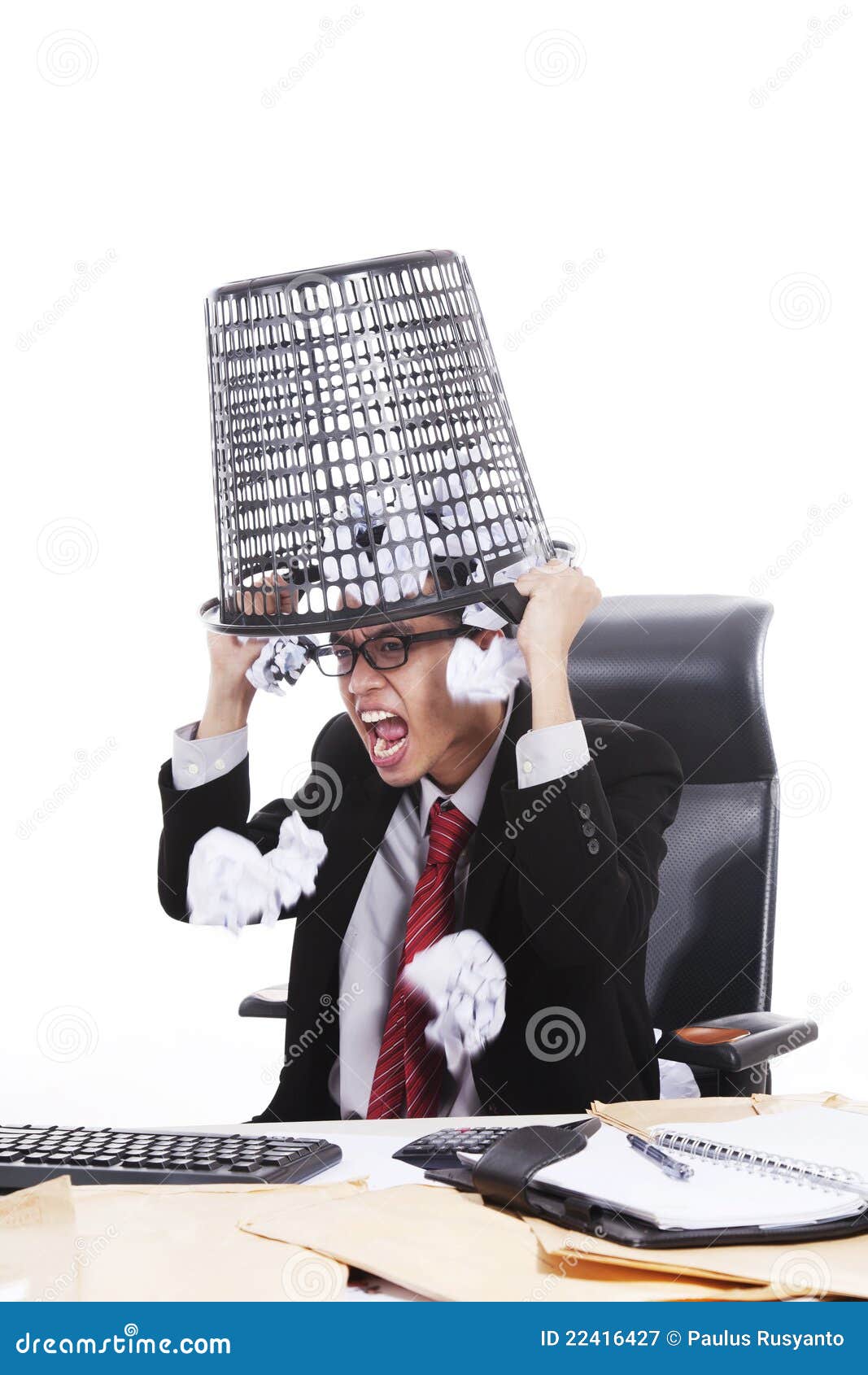 Angry Businessman with Rubbish Bin on His Head Stock Image - Image of ...