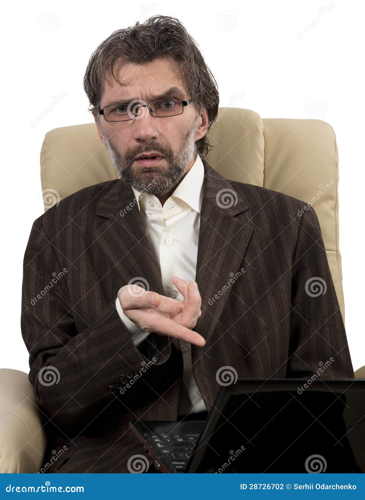 Angry Businessman Sitting in Chair with Notebook Stock Photo - Image of ...