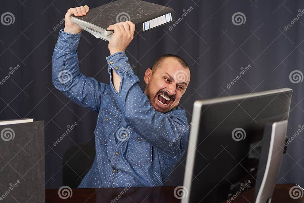 Angry Businessman Smashing Computer Stock Image - Image of monitor ...