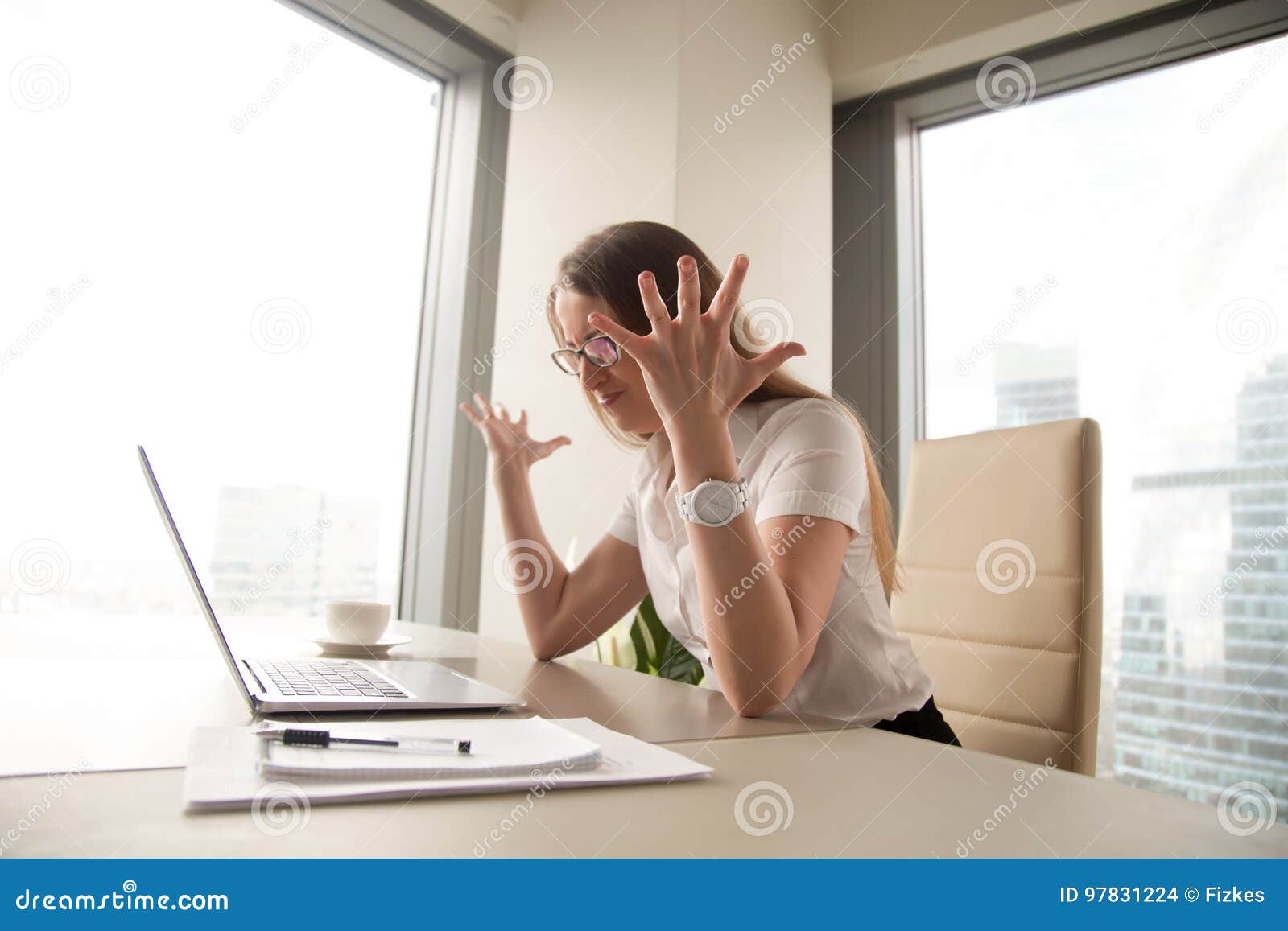 Angry Businesswoman Having Problem With Computer Broken Laptop Stock