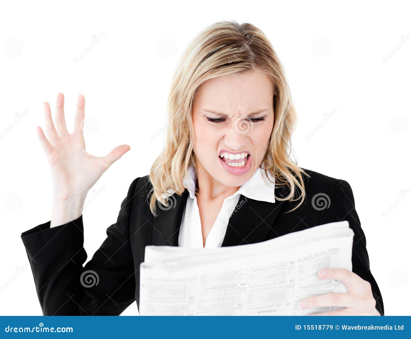 Angry Businesswoman Looking at Newspaper Shouting Stock Image - Image ...