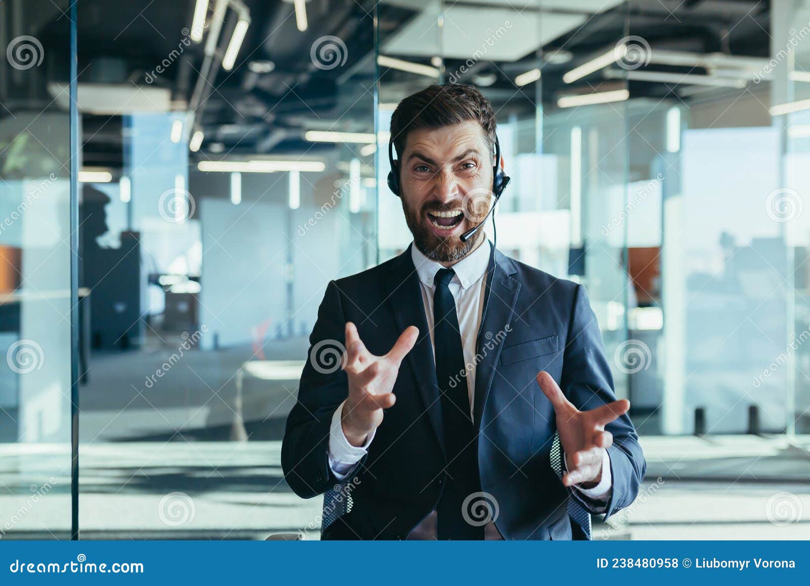 Angry Call Center Operator, Looking at Camera and Shouting in Anger ...