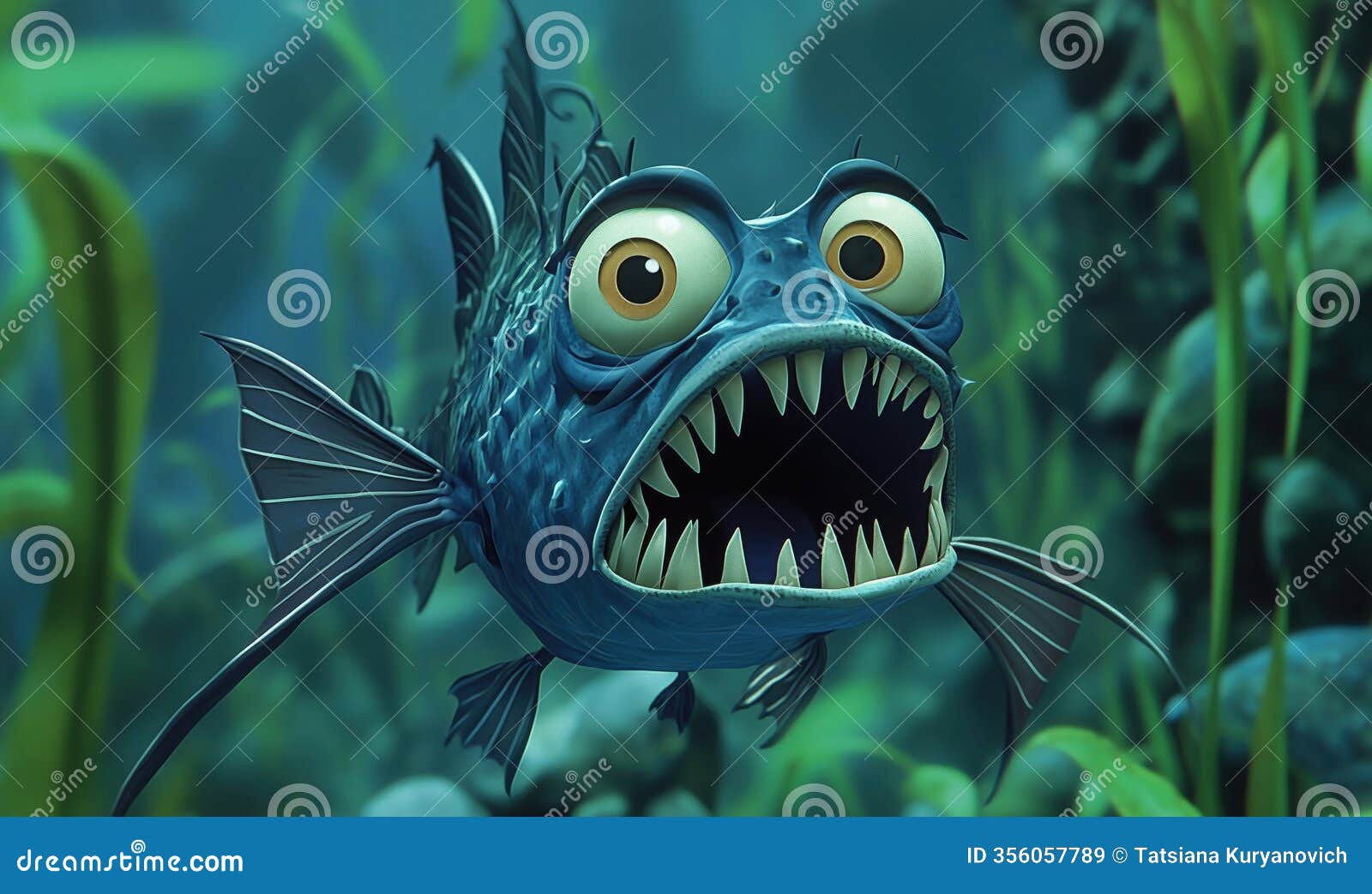 Angry Cartoon Fish with Large Eyes and Sharp Teeth, Underwater Scene ...