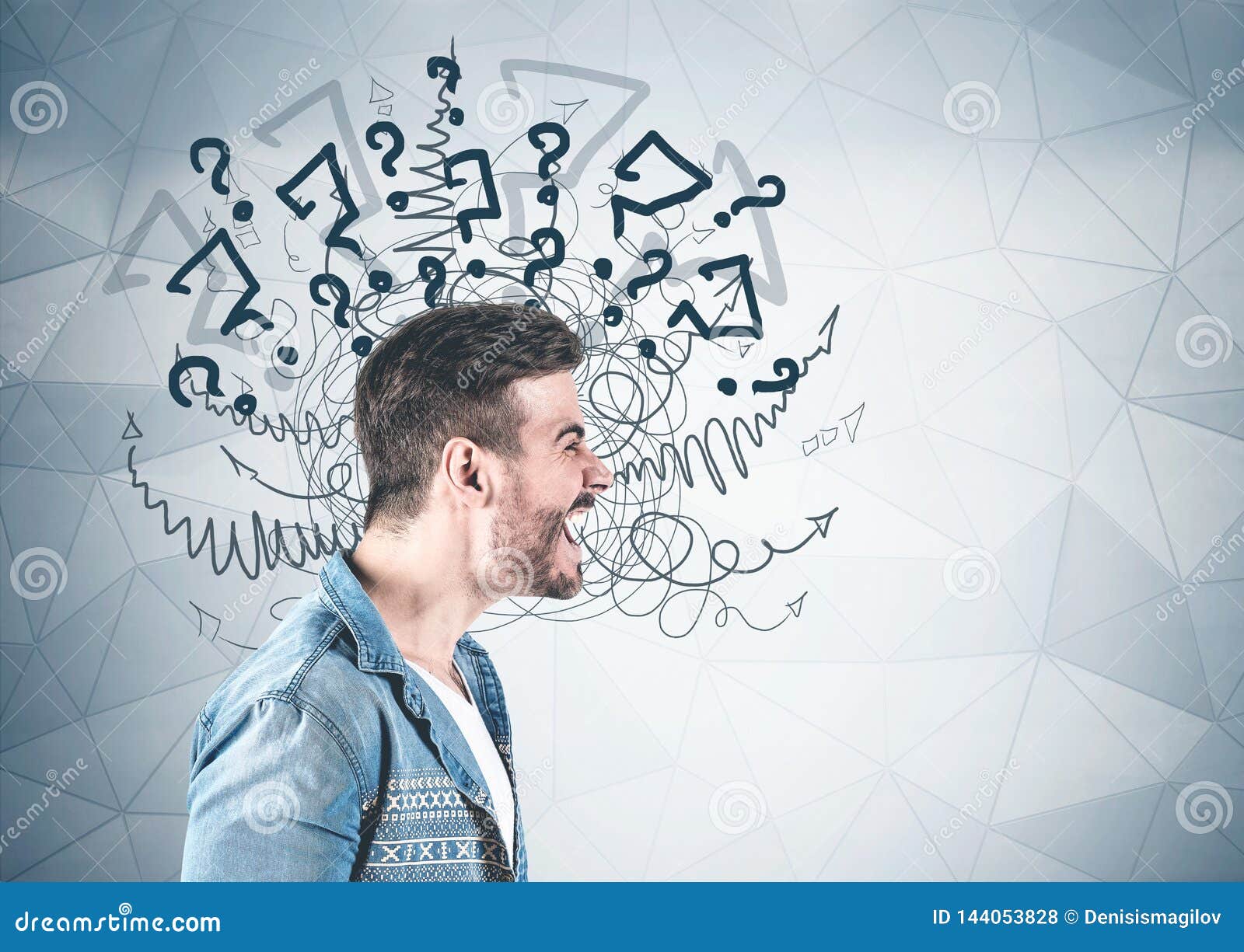 Angry Casual Man Shouting, Question Marks Stock Photo - Image of ...