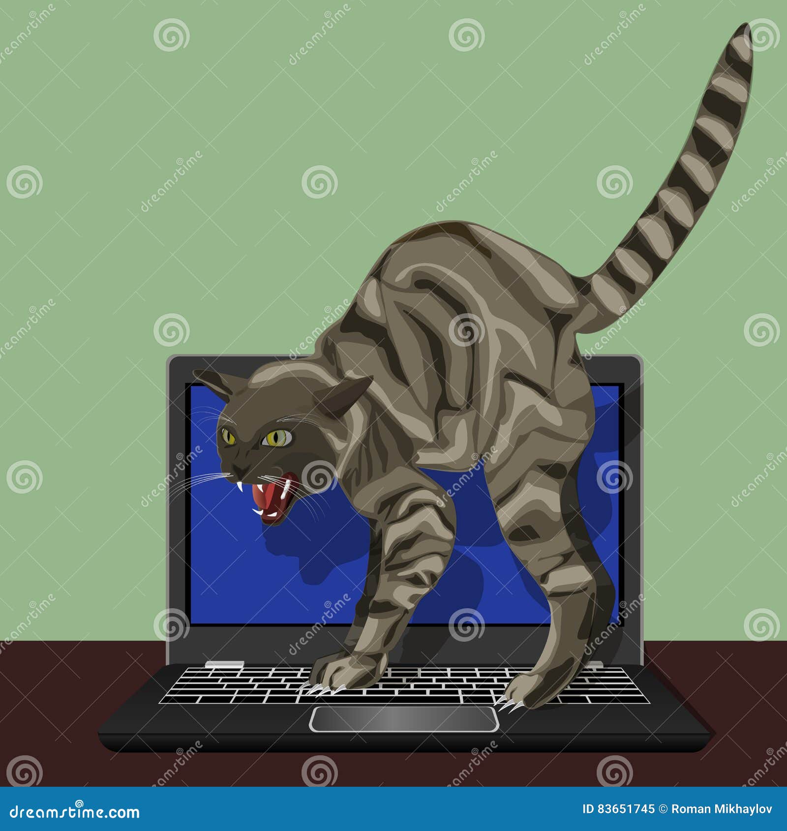 Angry cat on a laptop stock vector. Illustration of laptop - 83651745