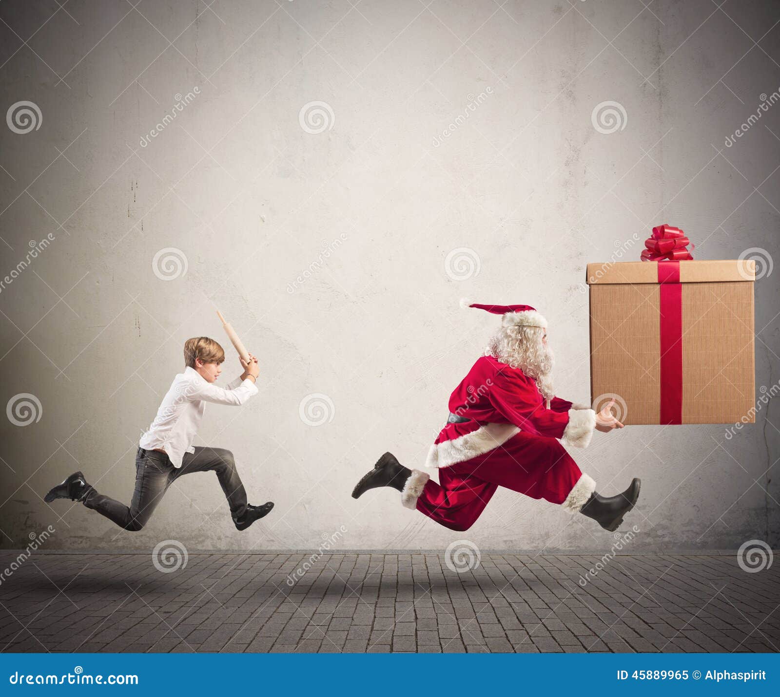 Angry Child Chasing Santa Claus Stock Image - Image of irritate, hold ...