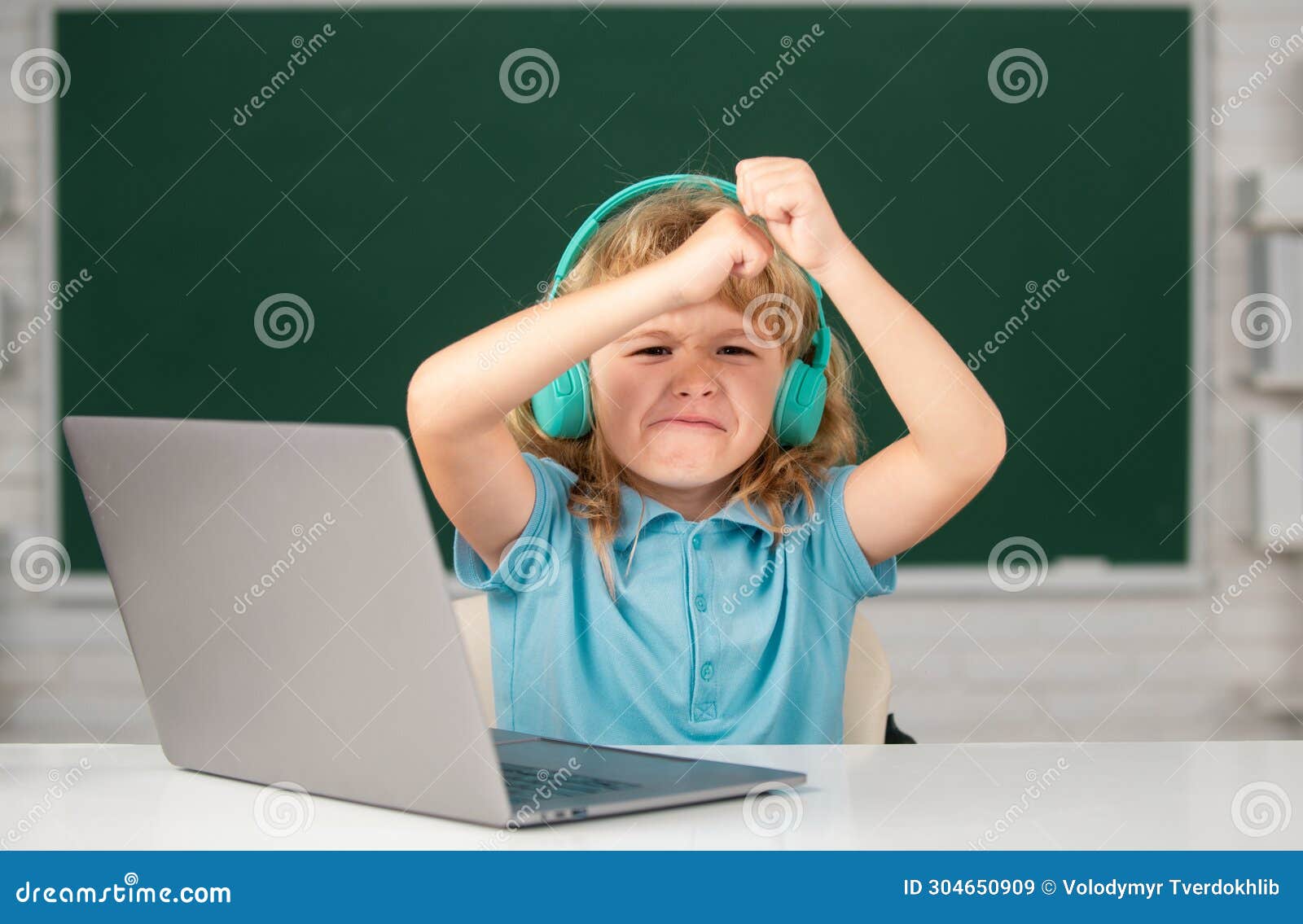 Angry Child Using Laptop Computer, Sad Excited Kid Boy Studying through ...