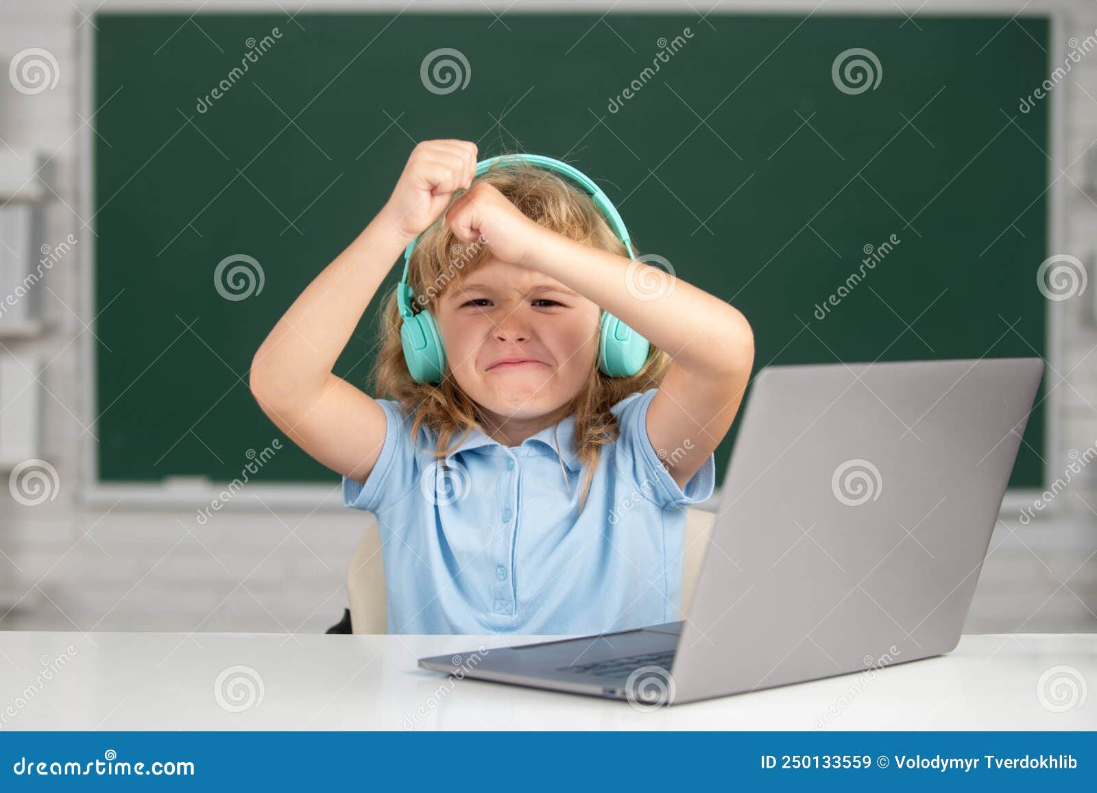 Angry Child Using Laptop Computer, Sad Excited Kid Boy Studying through ...