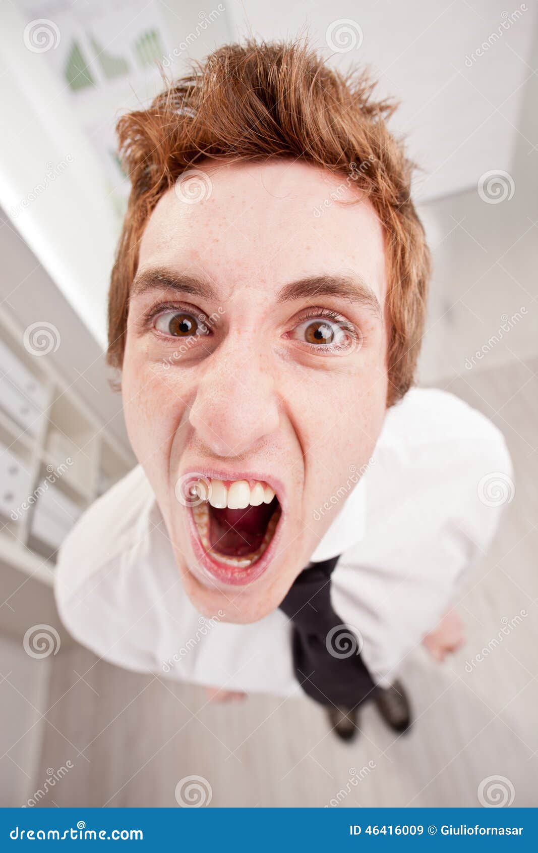Angry Clerk in Wide Angle Shouting Stock Image - Image of aggressive ...