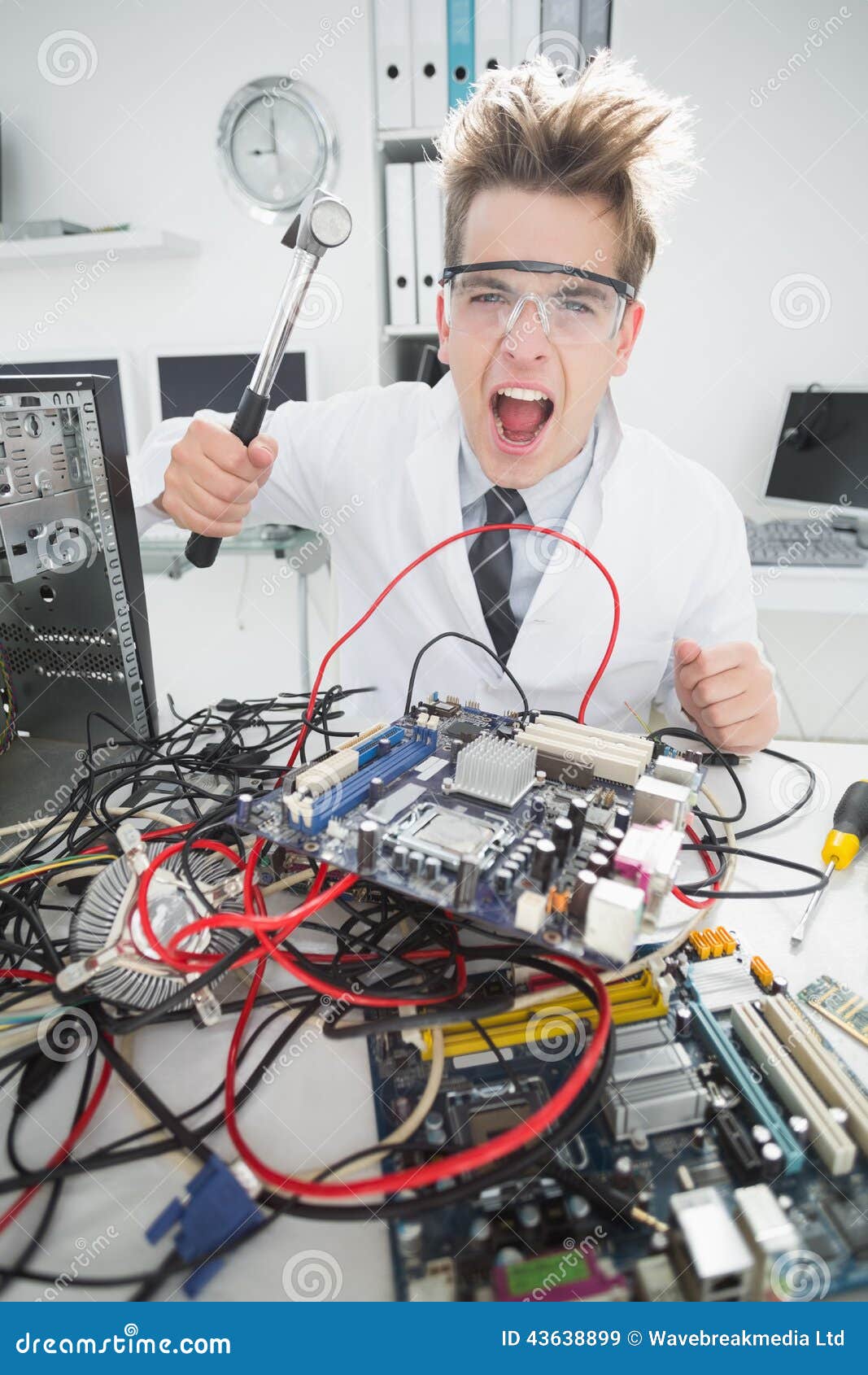 Angry Computer Engineer Holding Hammer Over Console Stock Image - Image ...