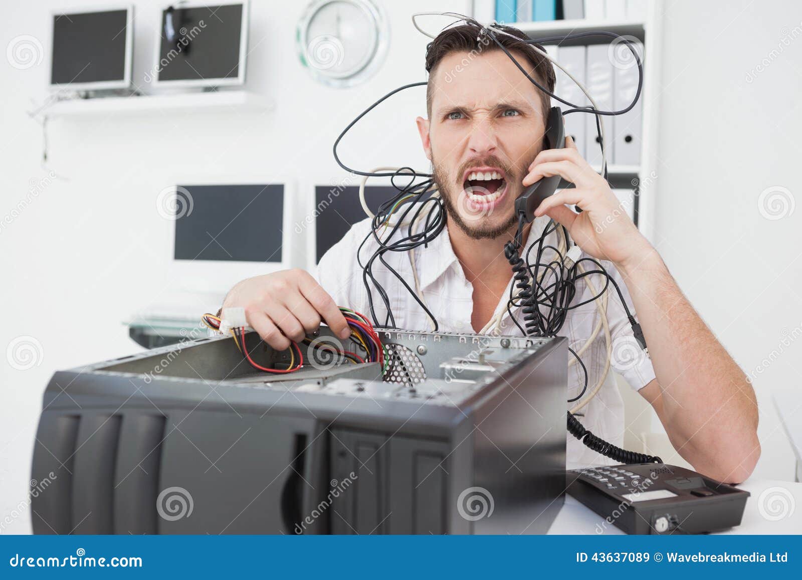 Angry Computer Engineer Making a Call Stock Image - Image of technology ...