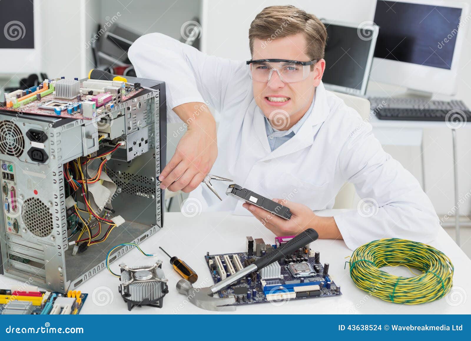 Angry Computer Engineer Working on Broken Device Stock Photo - Image of ...