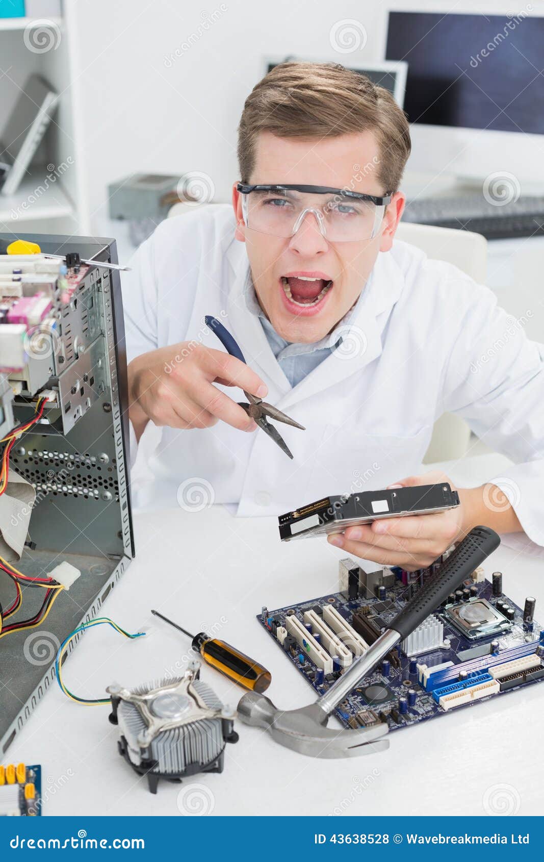 Angry Computer Engineer Working on Broken Device Stock Photo - Image of ...