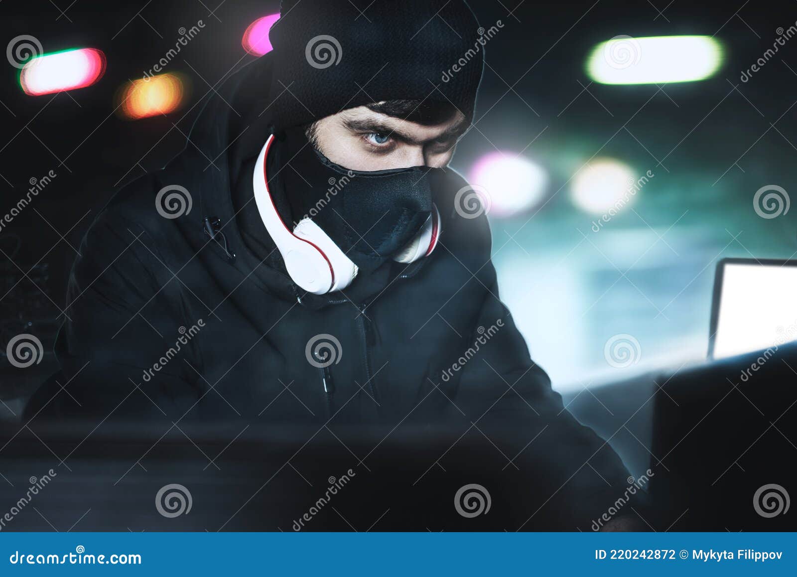 Angry Computer Hacker Weared Balaclava Stealing Data from Laptop in ...
