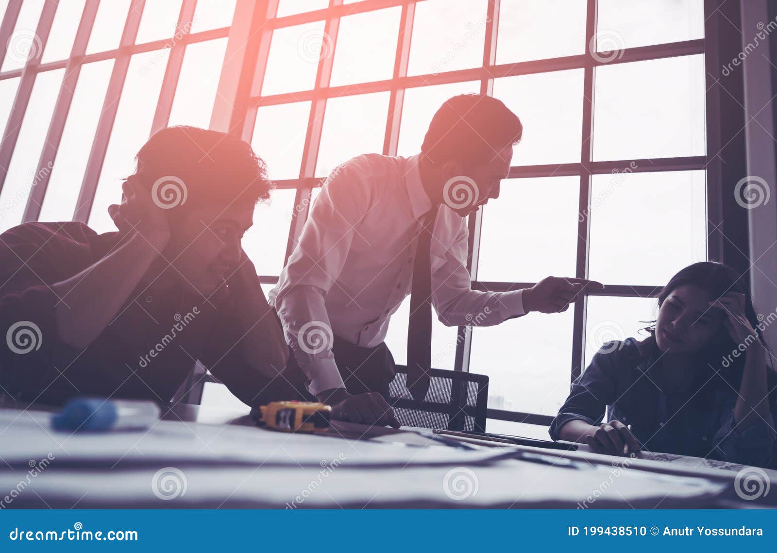 Angry Construction Boss Brainstorming with Engineer and Architect Team ...